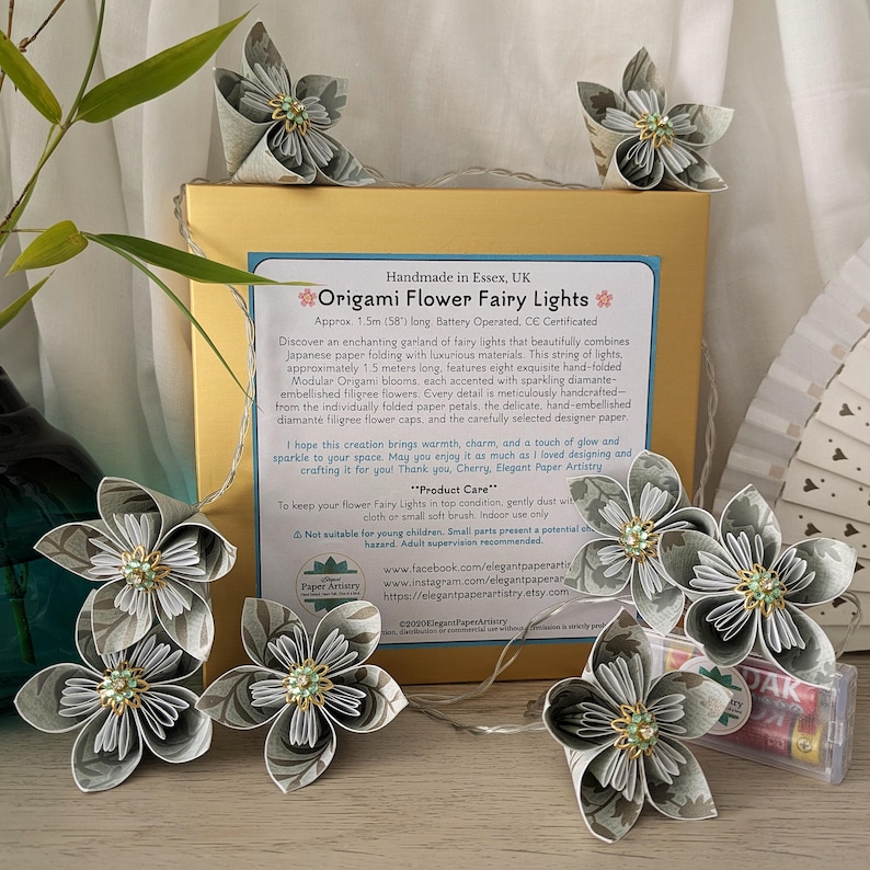Sage Green Paper Flower Fairy Light Garland, Kusudama Origami Floral ...
