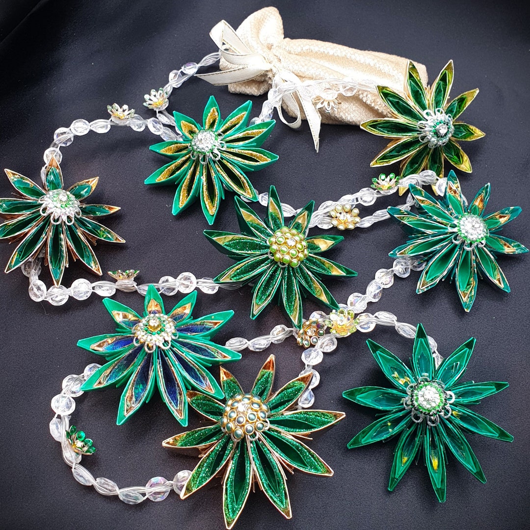 Green and Gold Starflower Fairy Light Garland With Crystal Resin Beaded ...