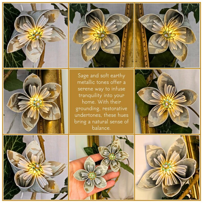Sage Green Paper Flower Fairy Light Garland, Kusudama Origami Floral ...