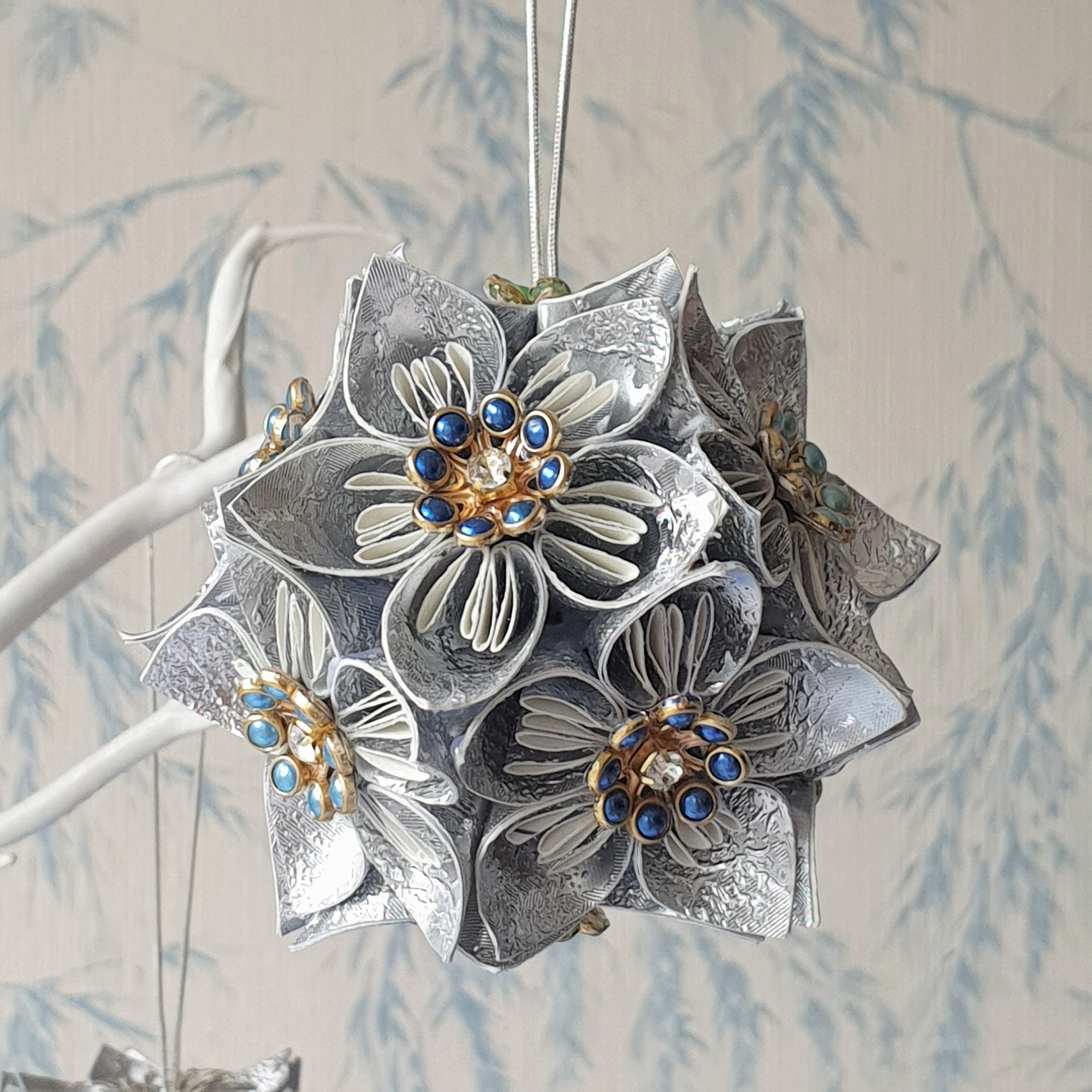 Silver Flower Ball With Blue and Green Embellishments. - Etsy UK