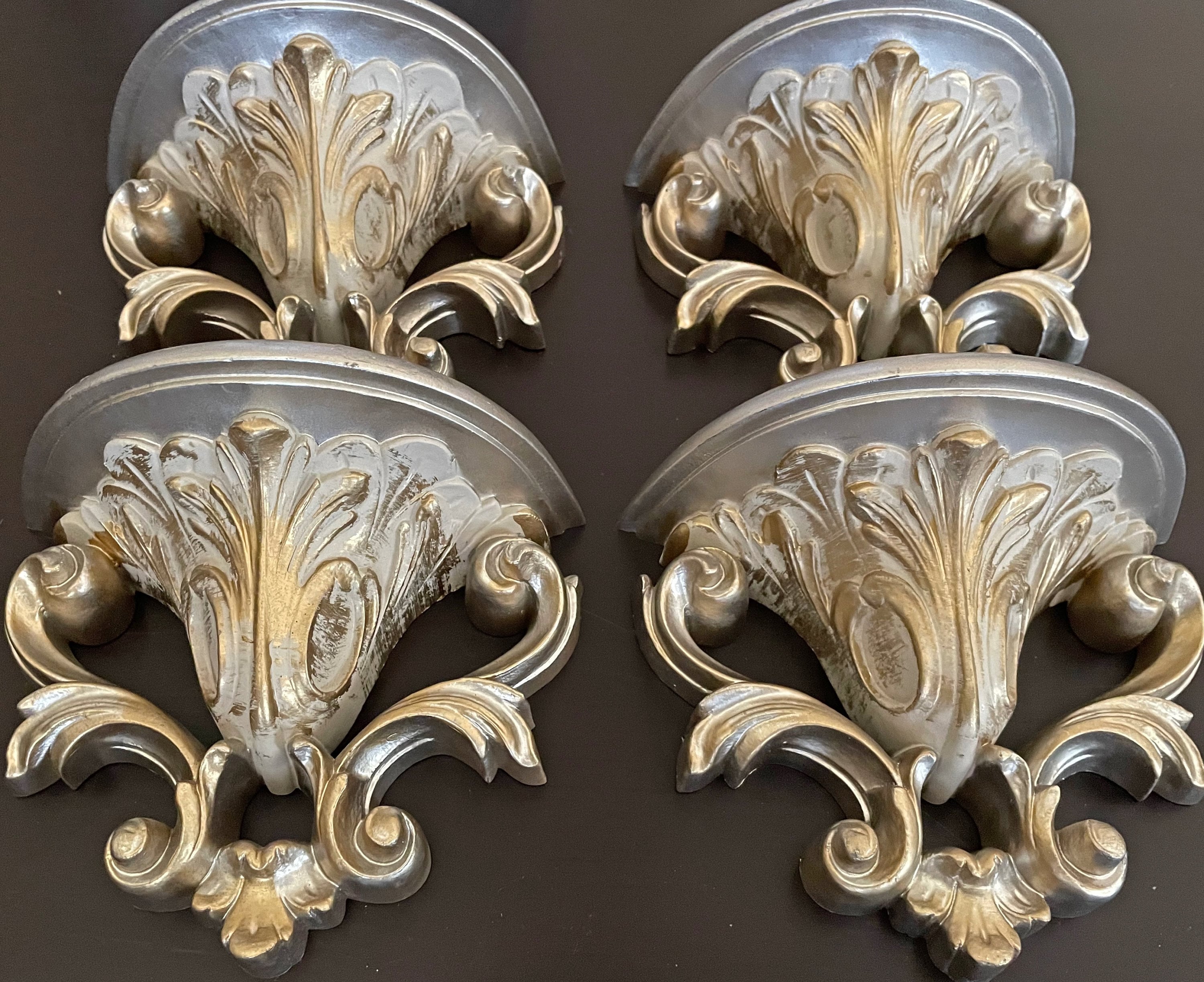 Vintage HOMCO Wall Decor Set: Silver Distressed Gold Shelves & Pockets ...