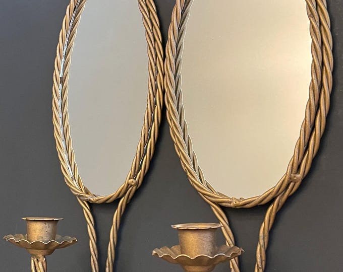 HOMCO Hollywood Regency Twisted Rope Metal Brass Sconces Mirrors 1970s ...