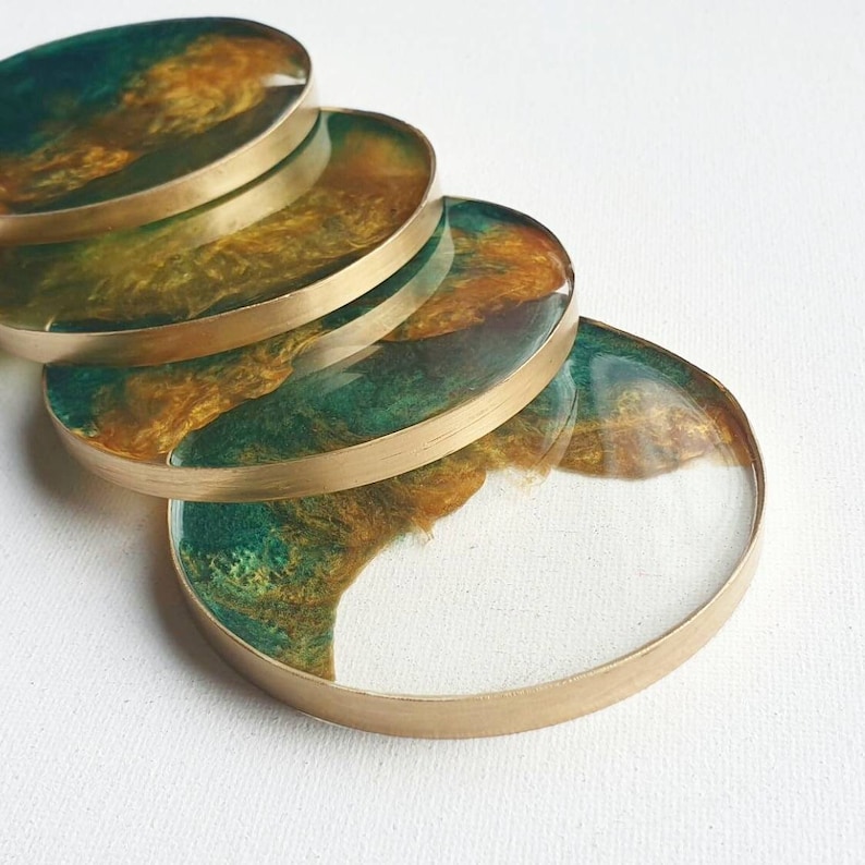 Beautiful Handmade Green & Gold Resin Coaster Set With or | Etsy UK
