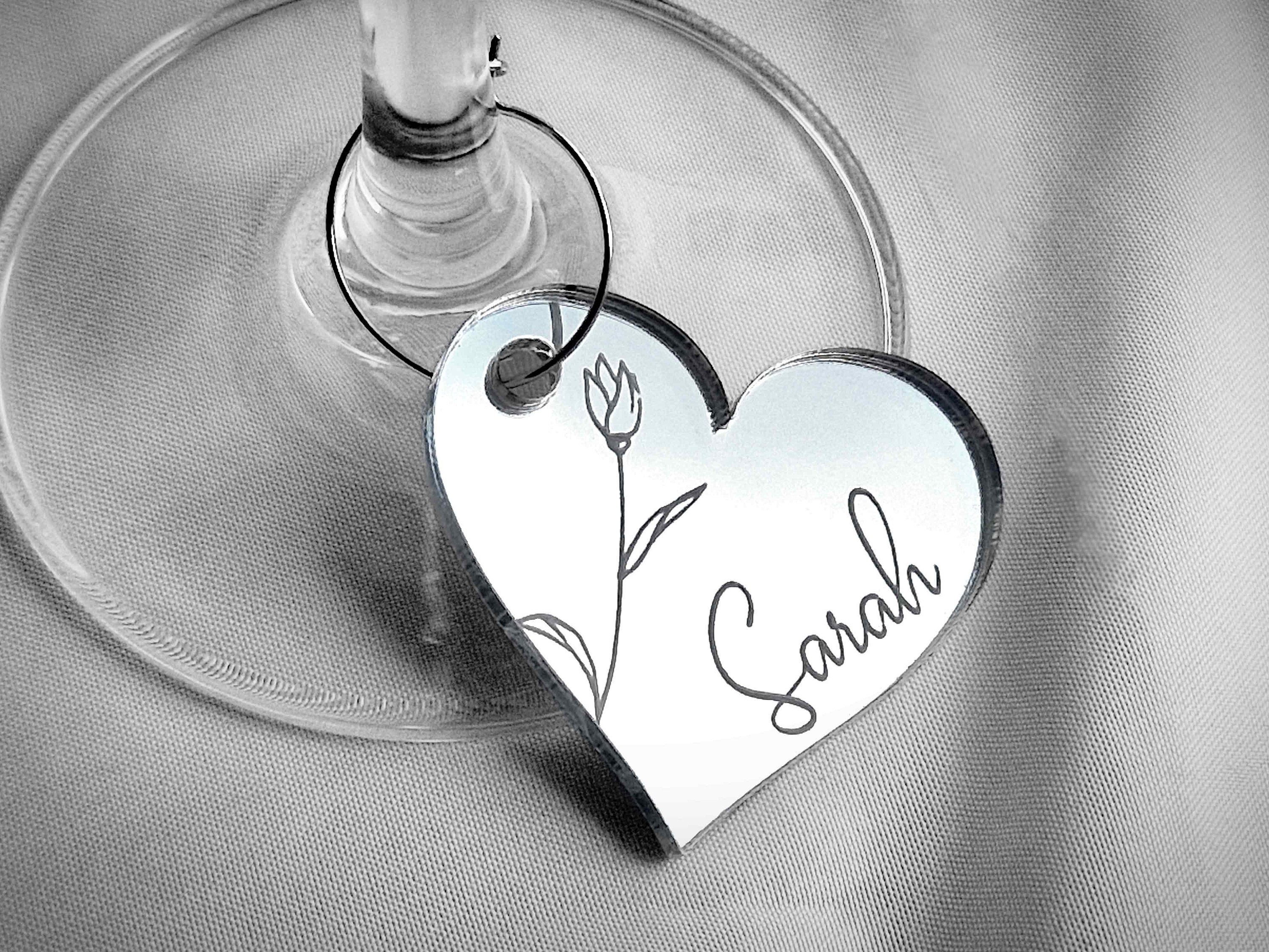 Heart Shape Wine Glass Name Tag Made From Reflective Mirrored Acrylic ...
