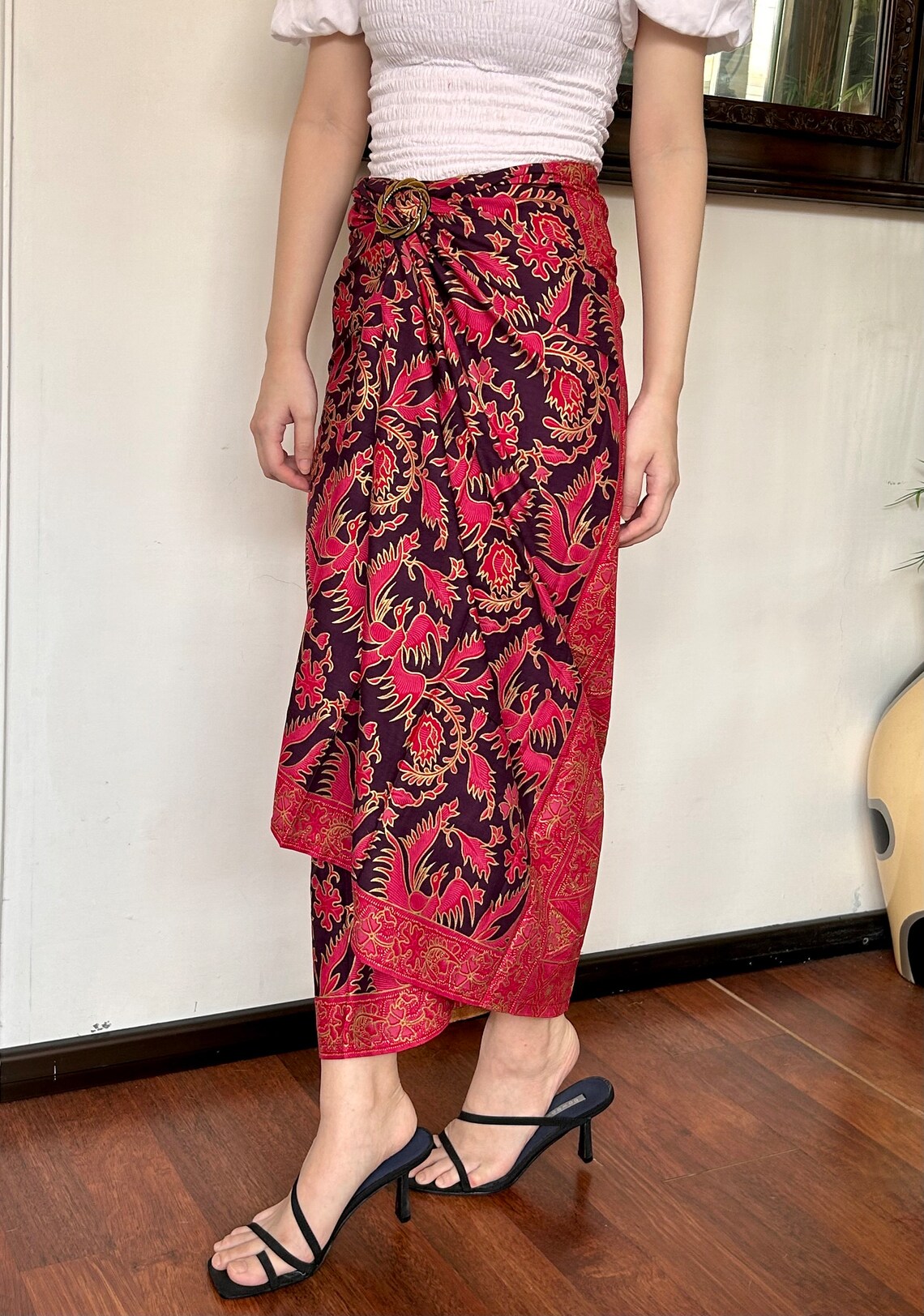 Red Black Ethnic Batik Wrap Skirt Bird Motif, Bali Beach Skirt, Sarong ...