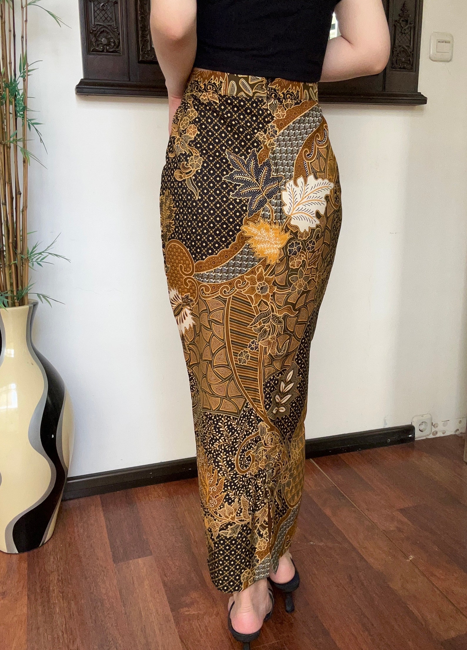 Gold Batik Pencil Skirt With Pleats, Ethnic Batik Skirt for Wedding ...