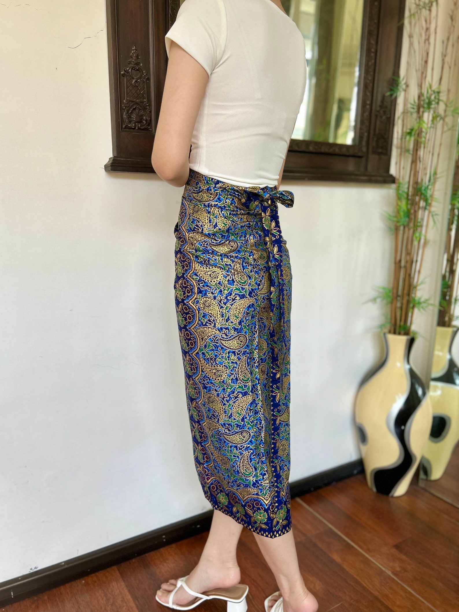 Blue Gold Batik Wrap Skirt: Ethnic Bali Sarong Beach Cover-up - Etsy