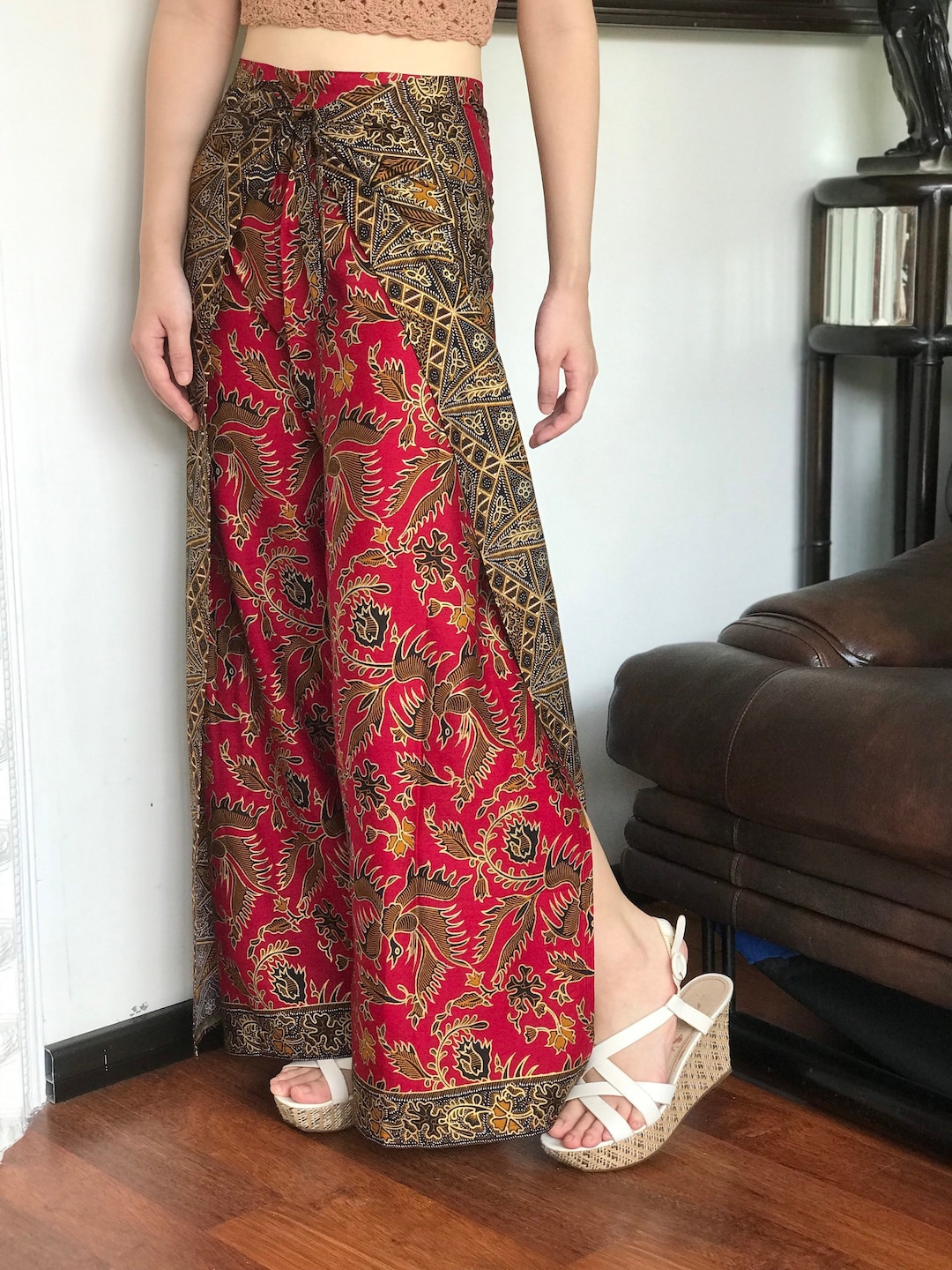 Red Ethnic Batik Wrap Pants, Bali Beach Pants, Summer Pants, Batik ...