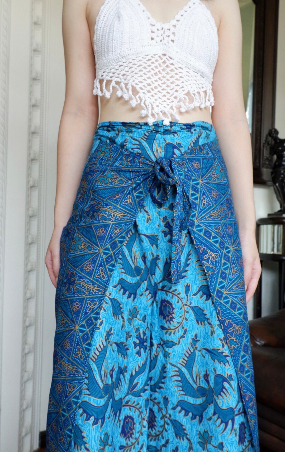 Ocean Blue Ethnic Batik Wrap Pants, Bali Beach Pants, Pallazo Wrap Pants, Hippie Pants for Women ...