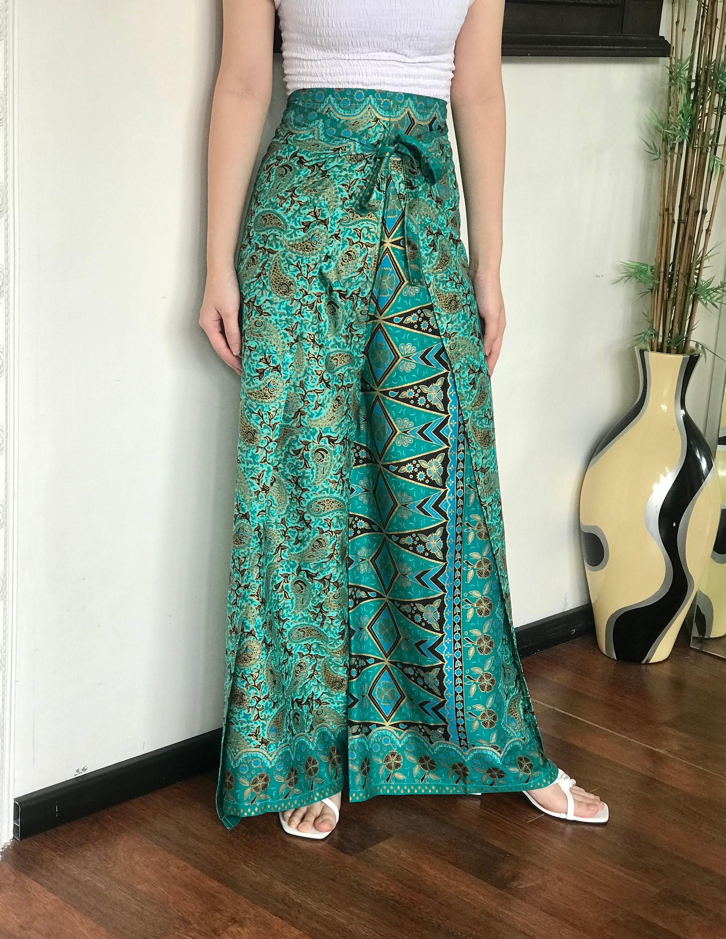 Turquoise Gold Cotton Batik Wrap Pants, Bali Beach Pants, Handmade ...
