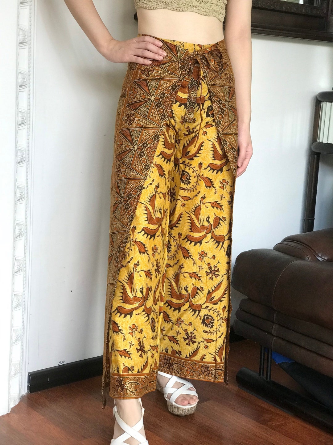 Yellow Ethnic Batik Wrap Pants, Bali Beach Pants, Handmade Batik Pants ...