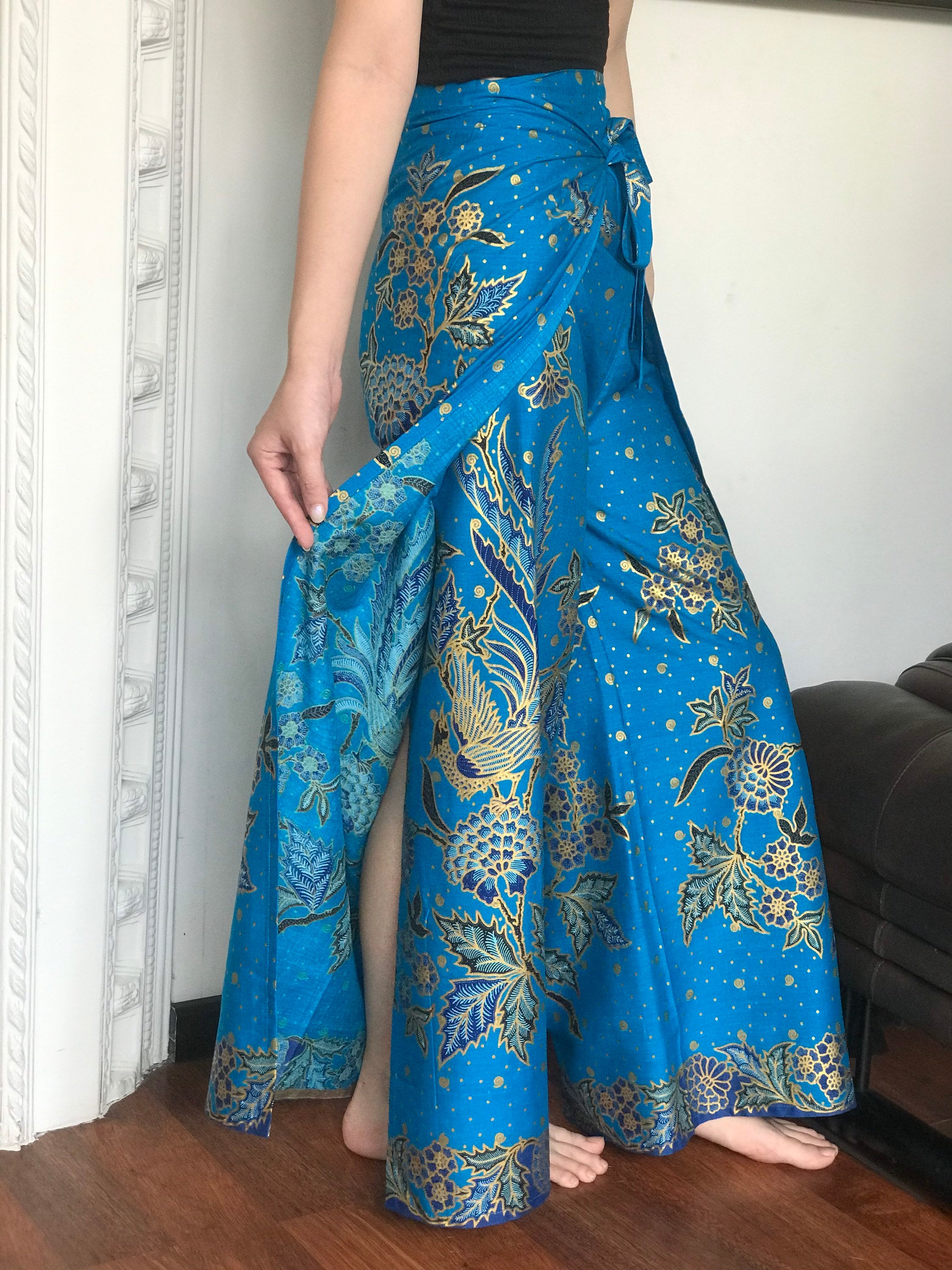 Ocean Blue Batik Wrap Pants, Bali Ethnic Beach Pants, Handmade Batik ...