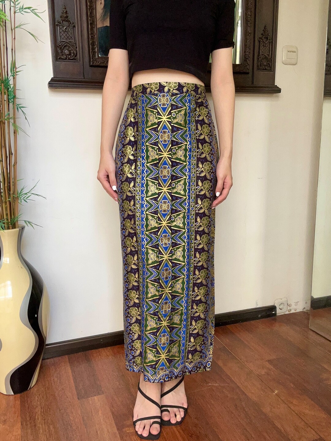 Blue Gold Batik Pencil Skirt With Pleats, Ethnic Batik Skirt for ...