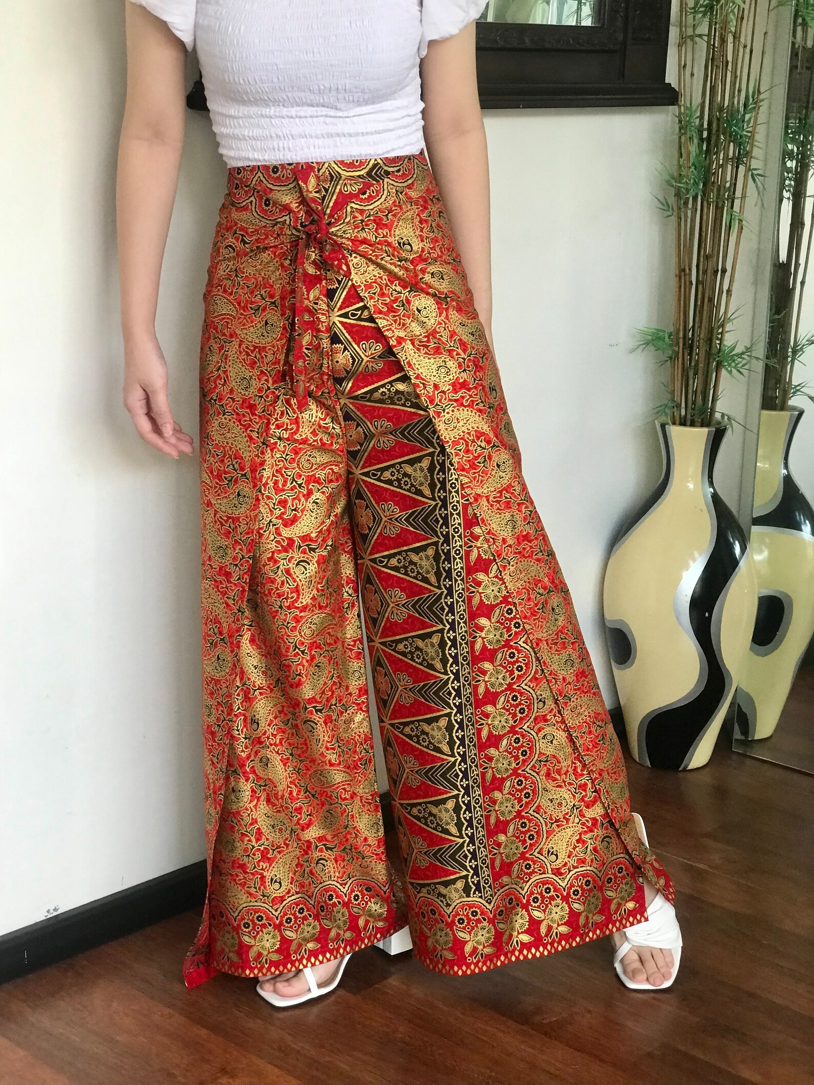 Red Gold Cotton Batik Wrap Pants, Bali Beach Pants, Handmade Batik ...