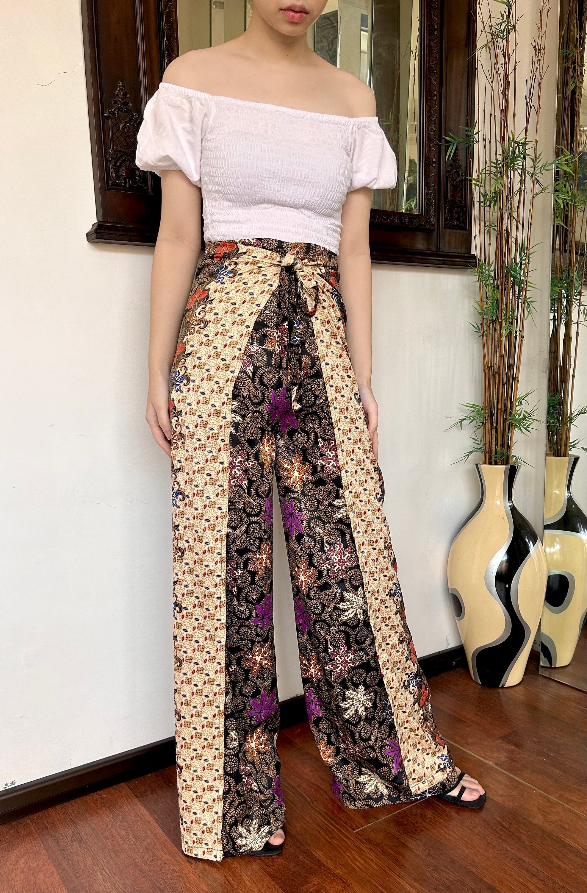 Black Premium Silk Batik Wrap Pants, Bali Beach Pants, Batik Palazzo ...