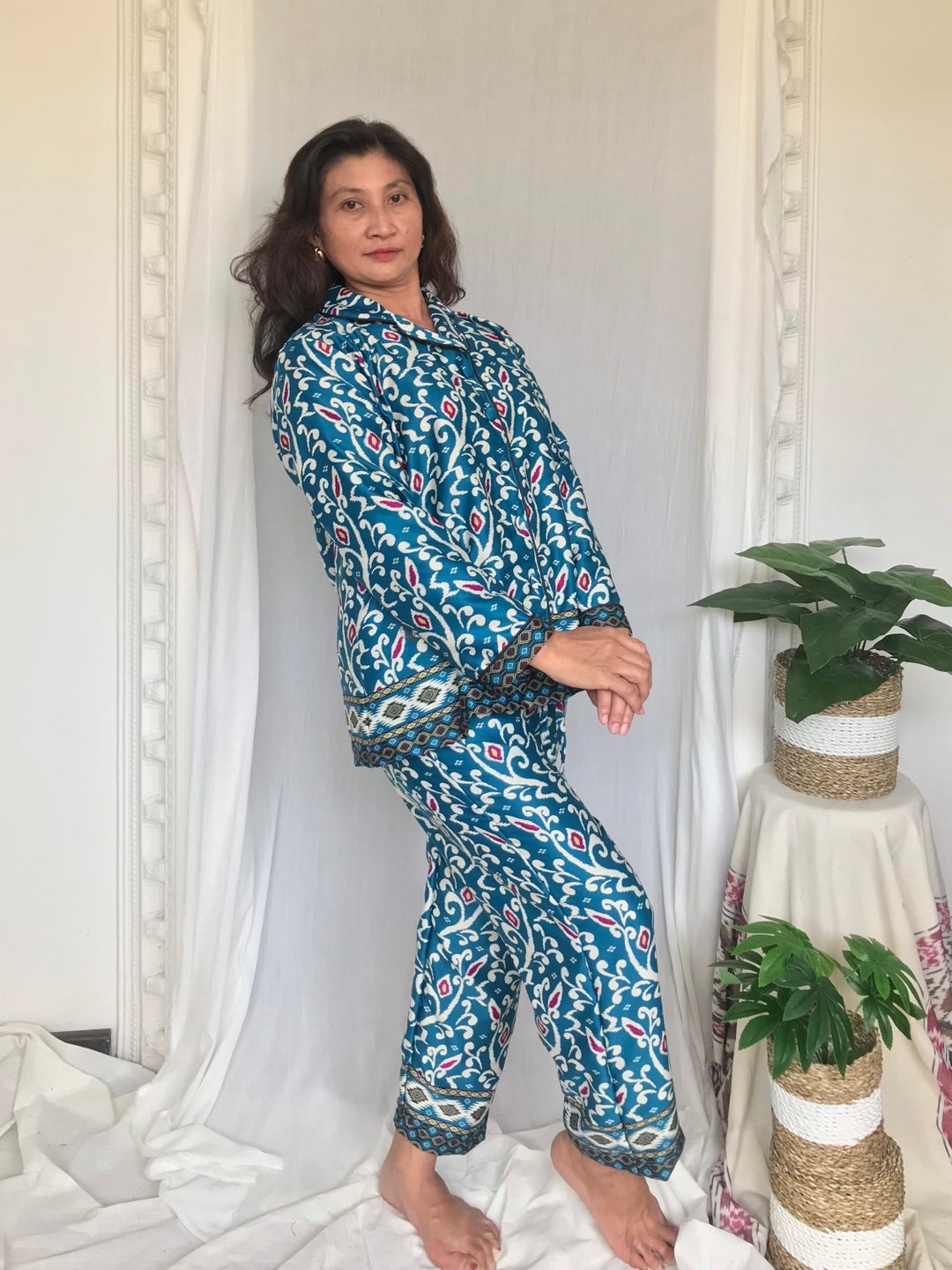 Blue Batik Pajamas Set, Silk Batik Pajamas, Ikat Batik Silk Nightwear ...