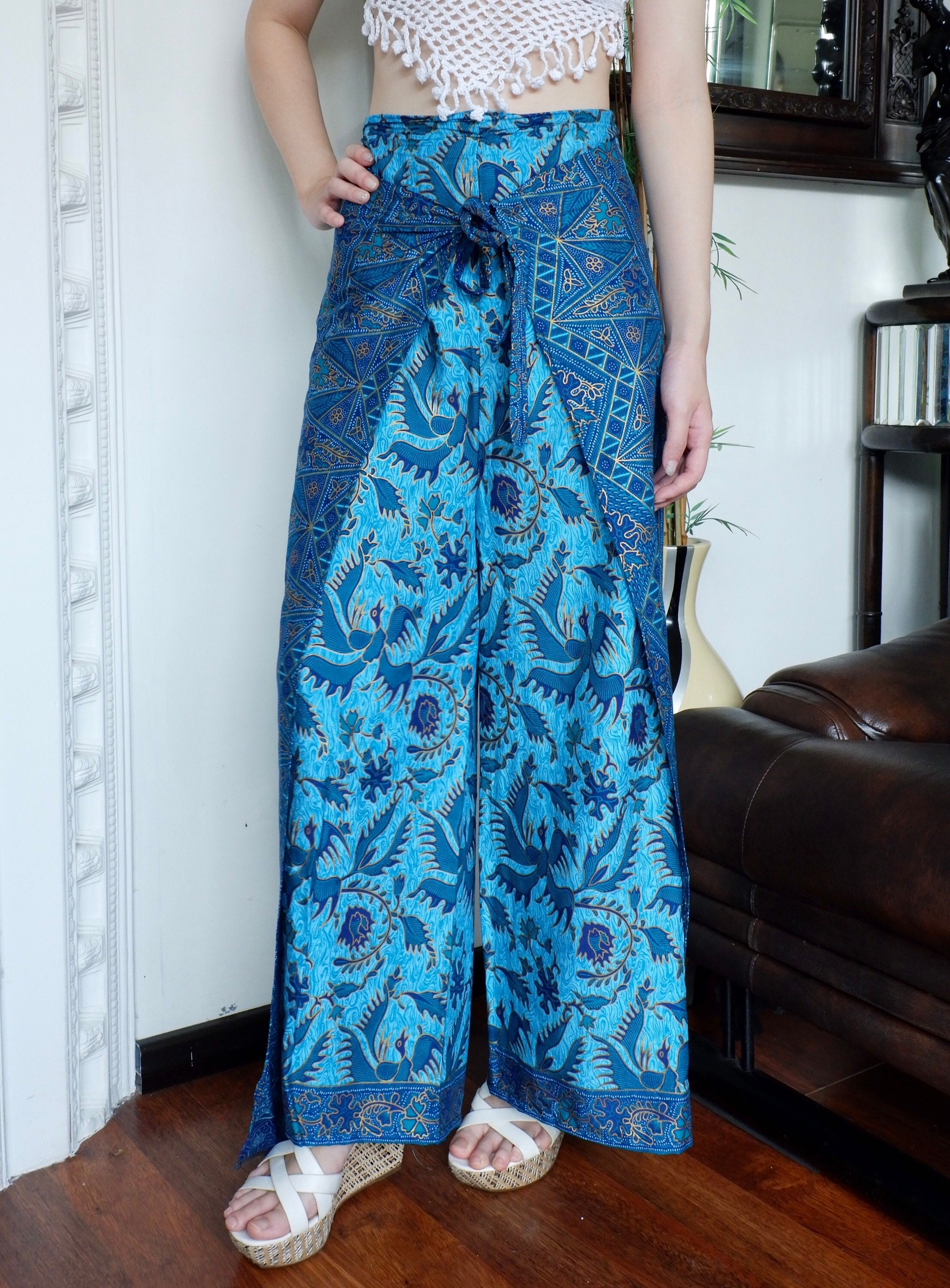 Ocean Blue Ethnic Batik Wrap Pants, Bali Beach Pants, Pallazo Wrap ...