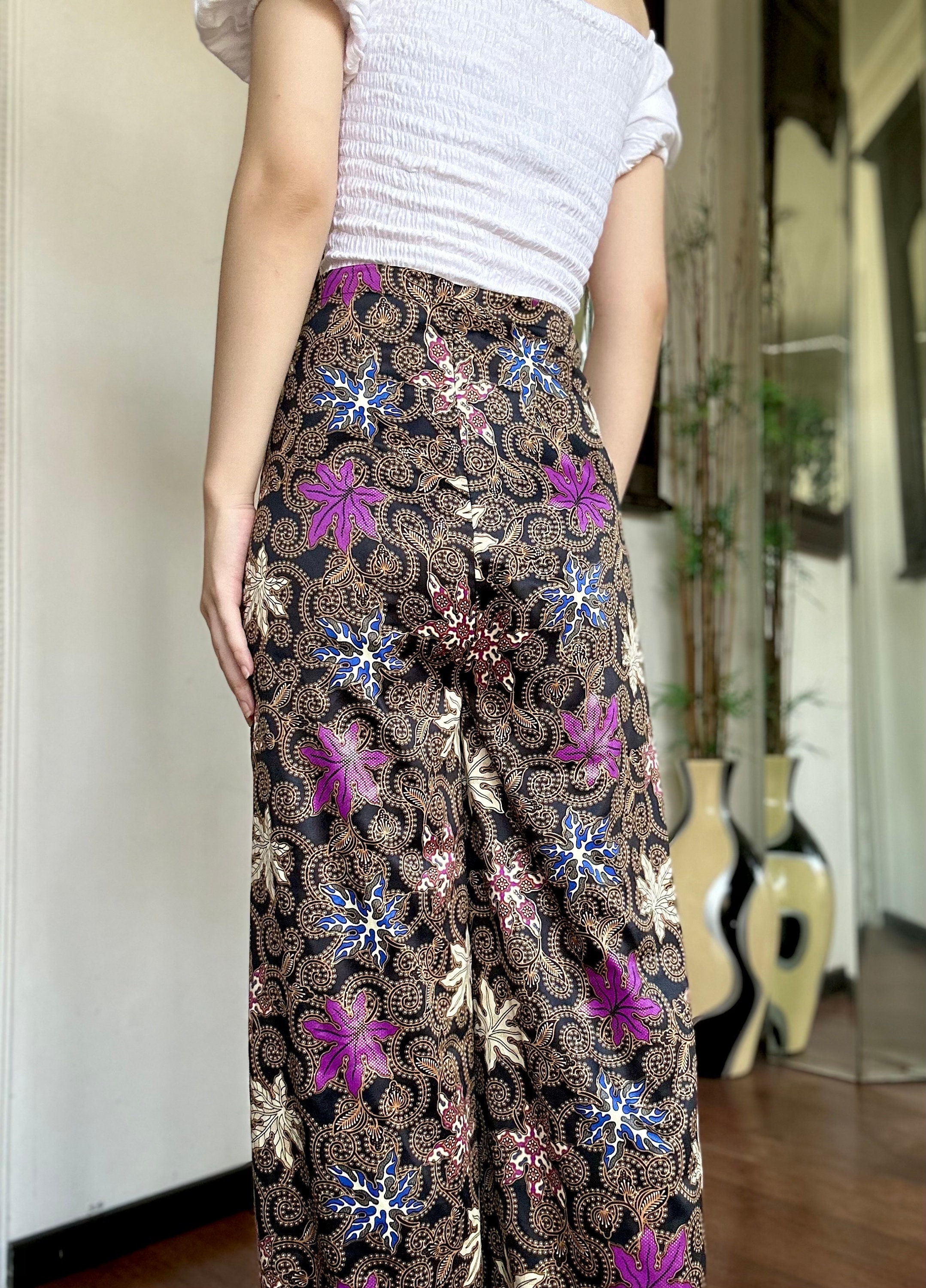 Black Premium Silk Batik Wrap Pants, Bali Beach Pants, Batik Palazzo Pants, Hippie Summer Pants ...