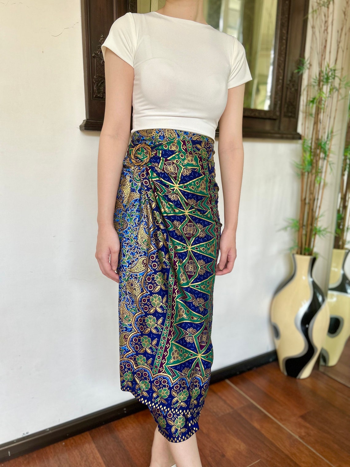 Blue Gold Batik Wrap Skirt: Ethnic Bali Sarong Beach Cover-up - Etsy
