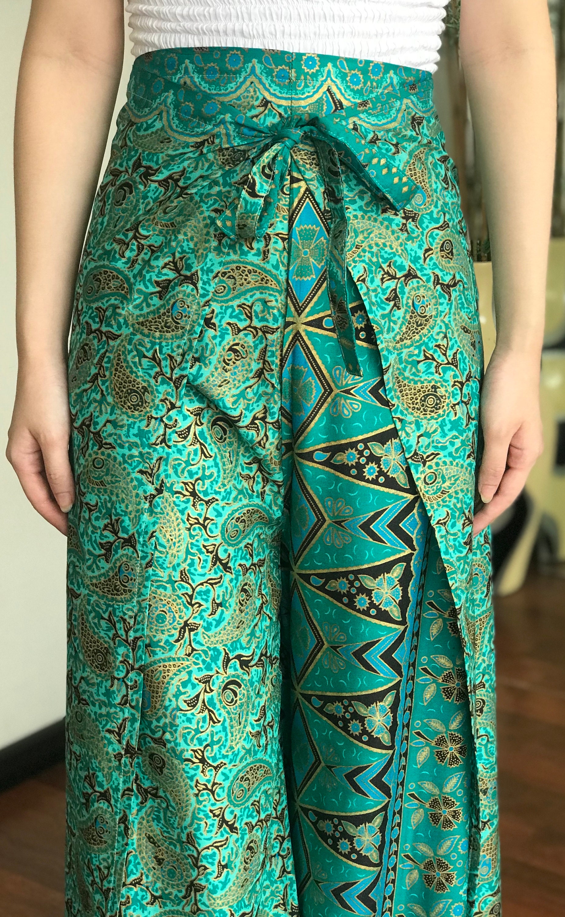 Turquoise Gold Cotton Batik Wrap Pants, Bali Beach Pants, Handmade ...