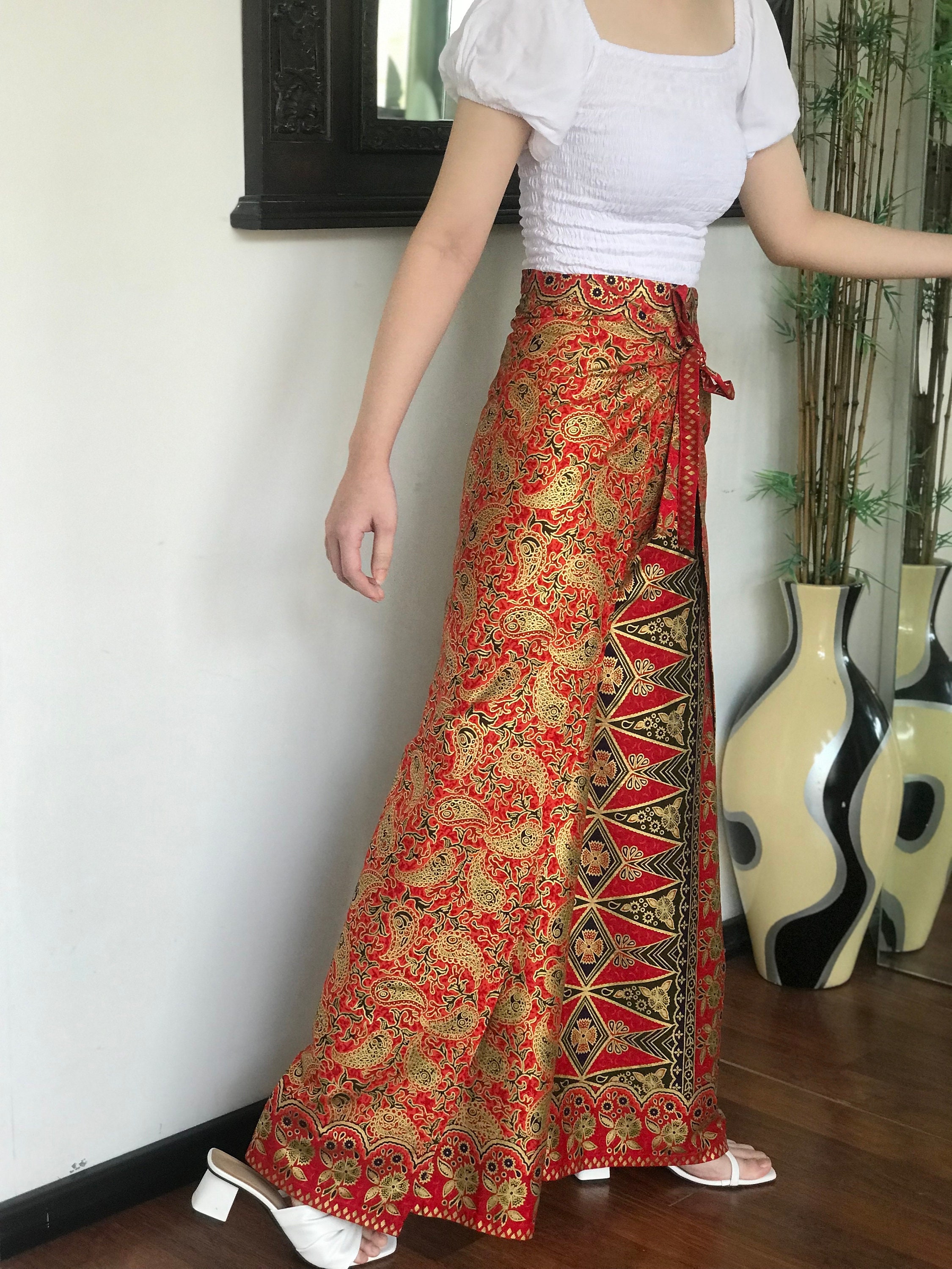 Red Gold Batik Wrap Pants: Handmade Cotton Bali Trousers - Etsy