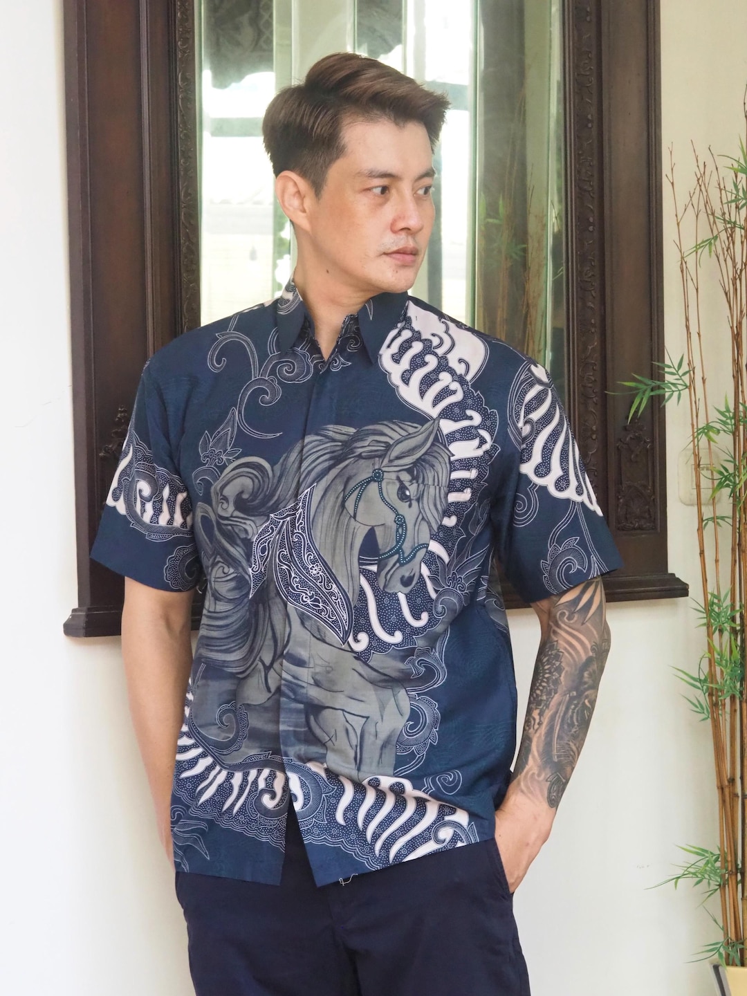 Blue Horse Batik Shirt: Javanese Cotton, Handmade Indonesian Menswear ...