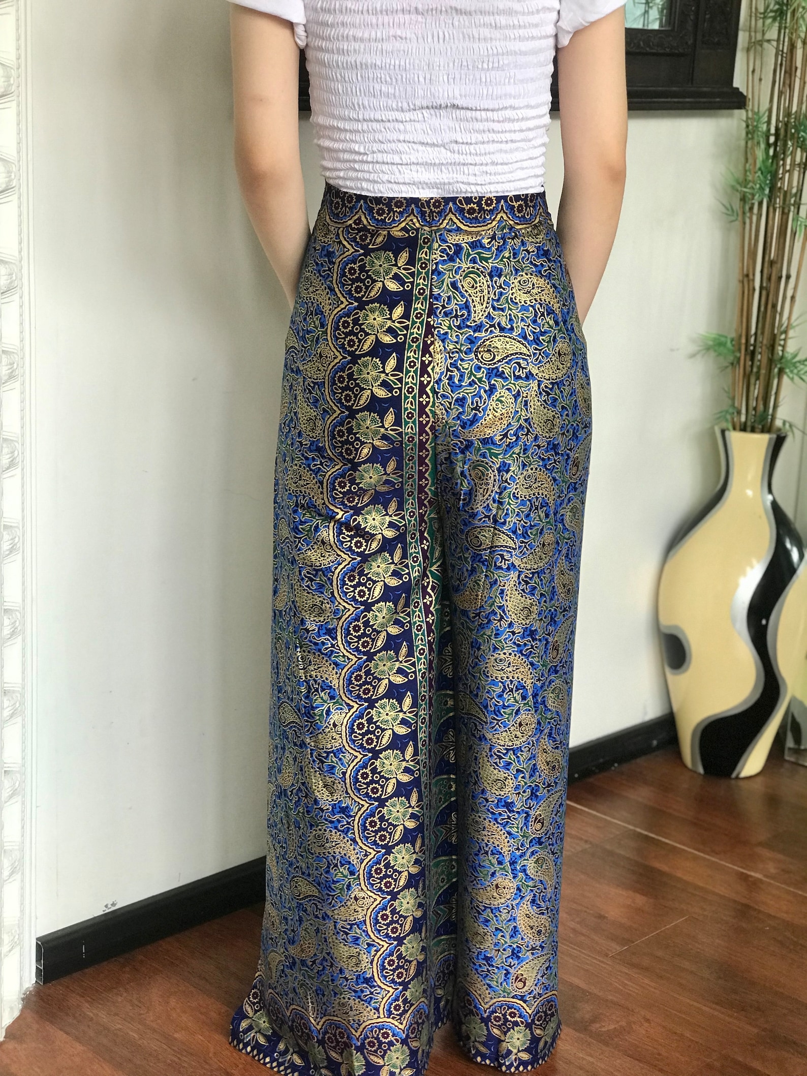 Blue Gold Batik Wrap Pants: Handmade Cotton Bali Trousers - Etsy