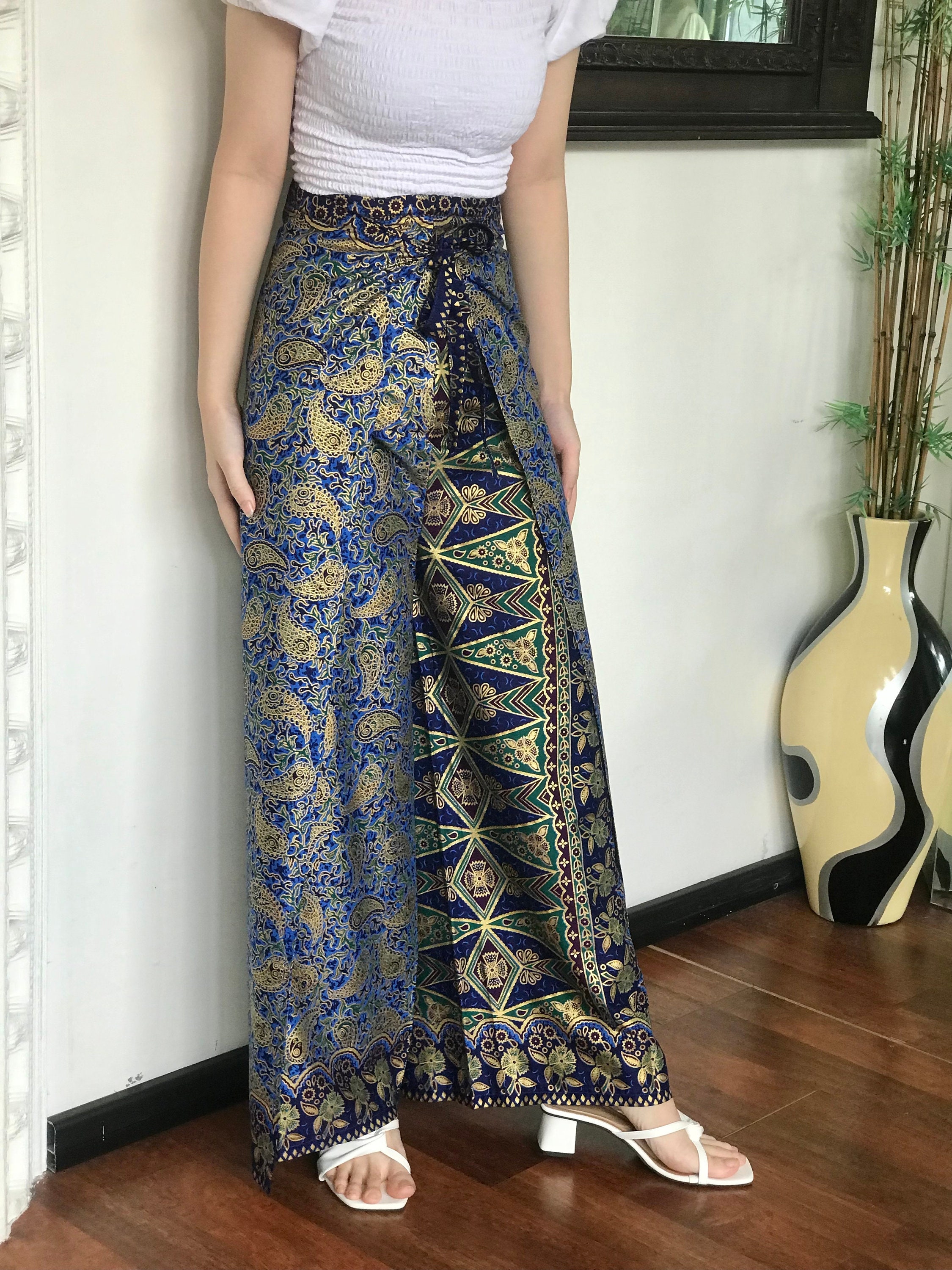 Blue Gold Batik Wrap Pants: Handmade Cotton Bali Trousers - Etsy
