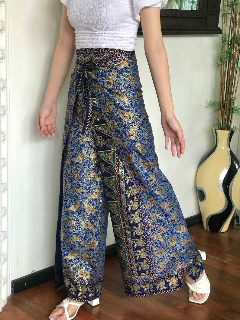 Blue Gold Batik Wrap Pants: Handmade Cotton Bali Trousers - Etsy