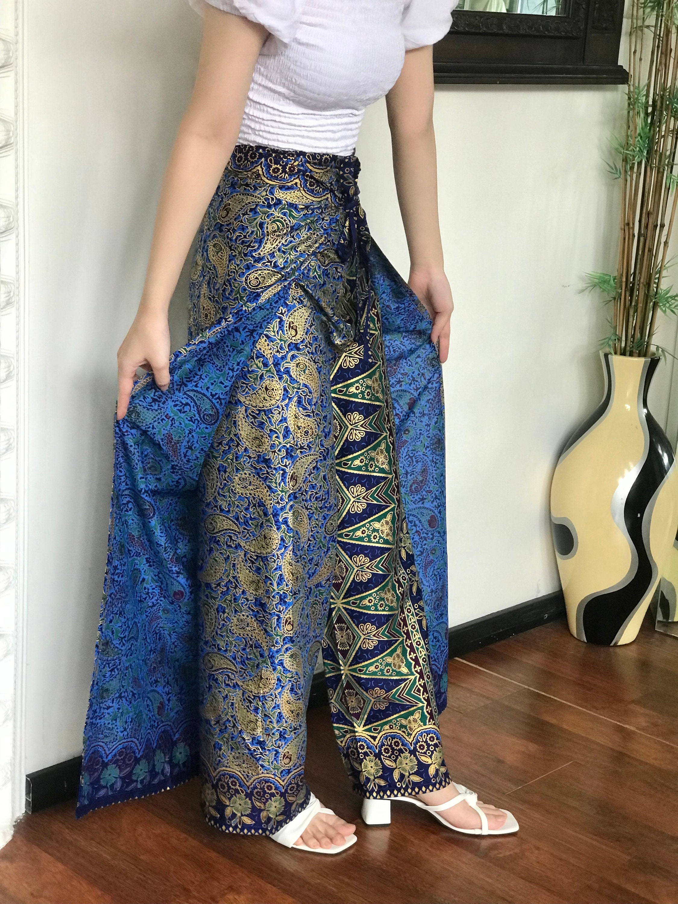 Blue Gold Batik Wrap Pants: Handmade Cotton Bali Trousers - Etsy