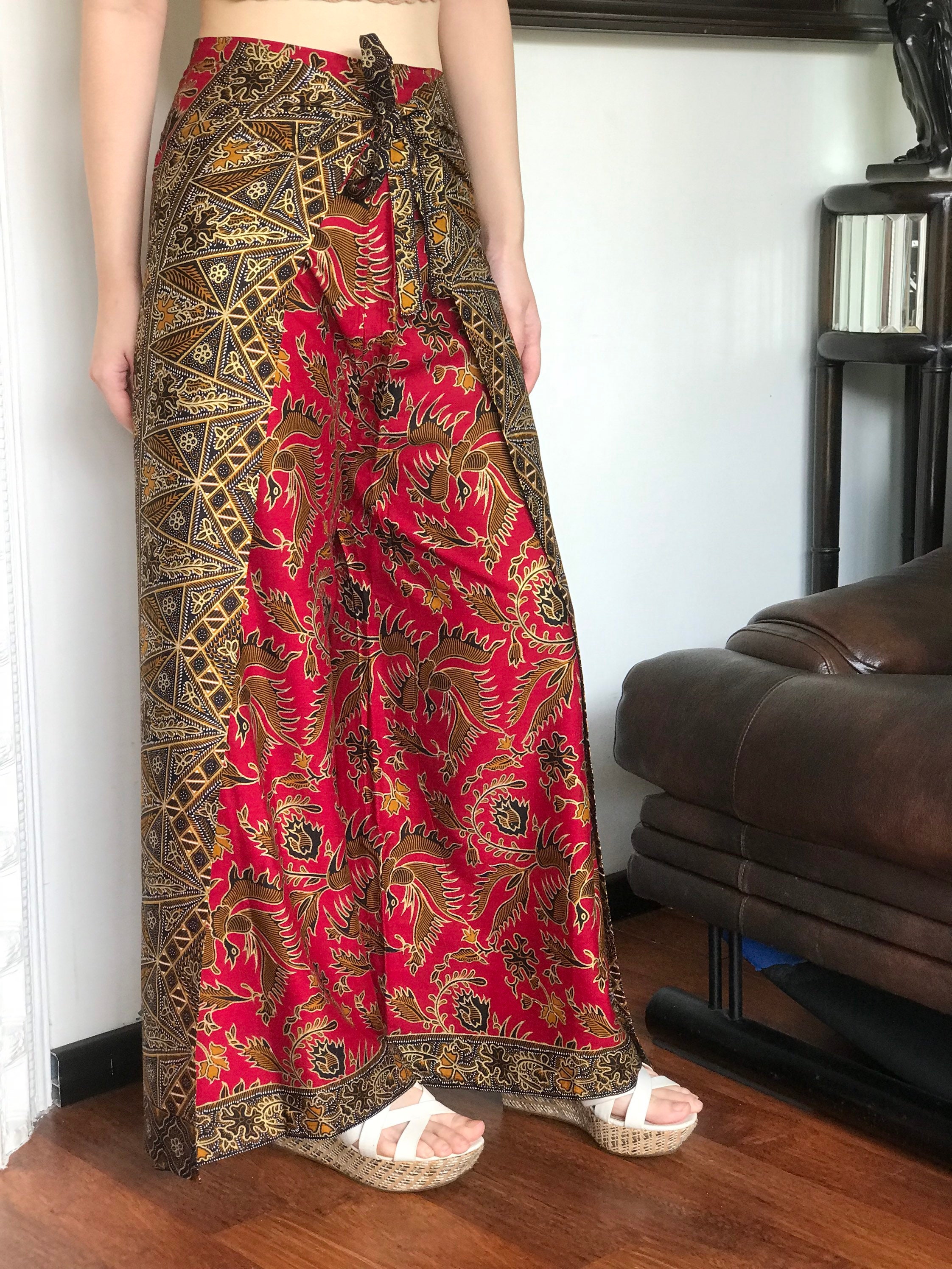 Red Ethnic Batik Wrap Pants, Bali Beach Pants, Summer Pants, Batik ...