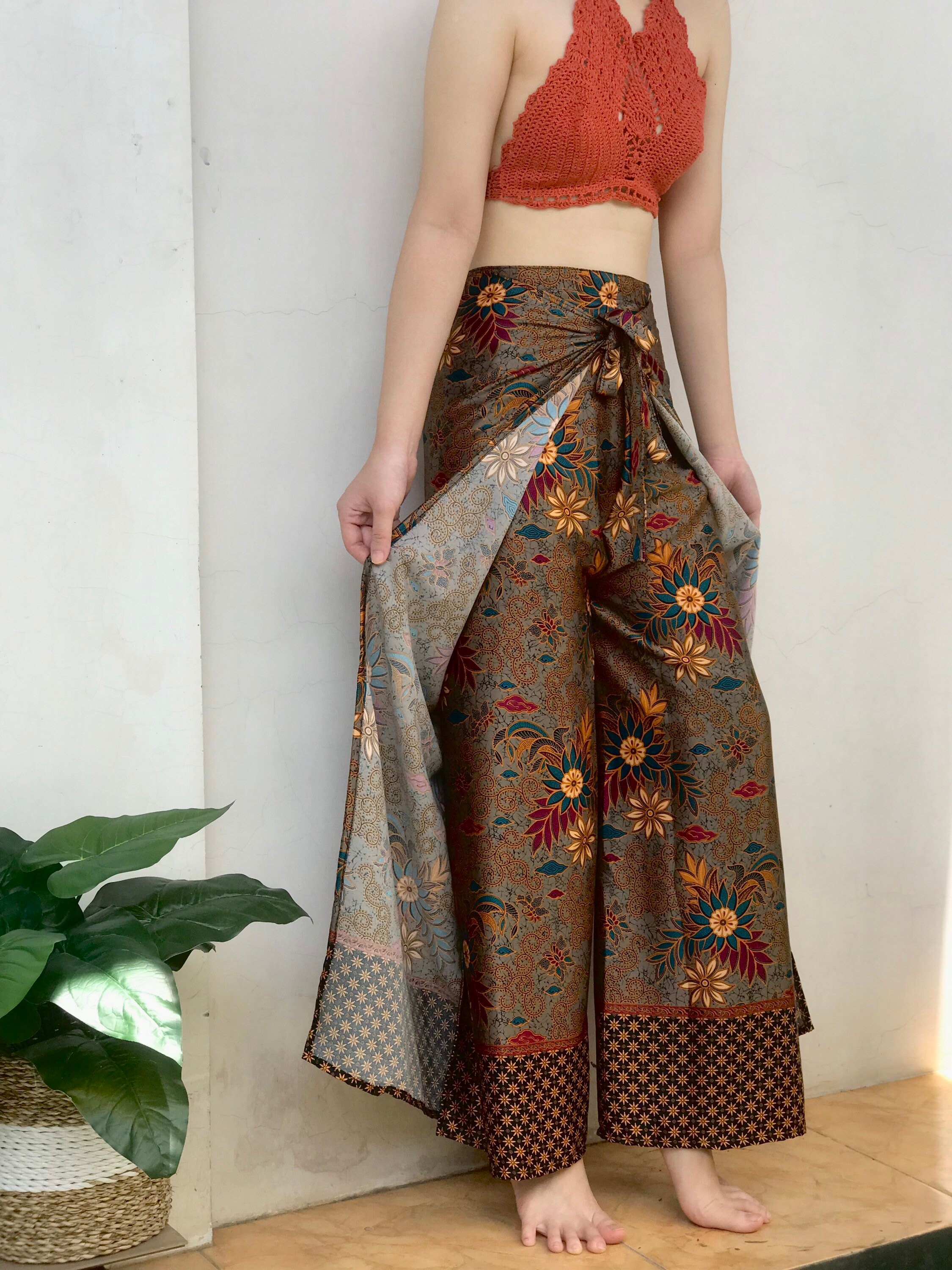 Gray Silk Batik Wrap Pants, Bali Beach Pants, Festival Trousers for ...