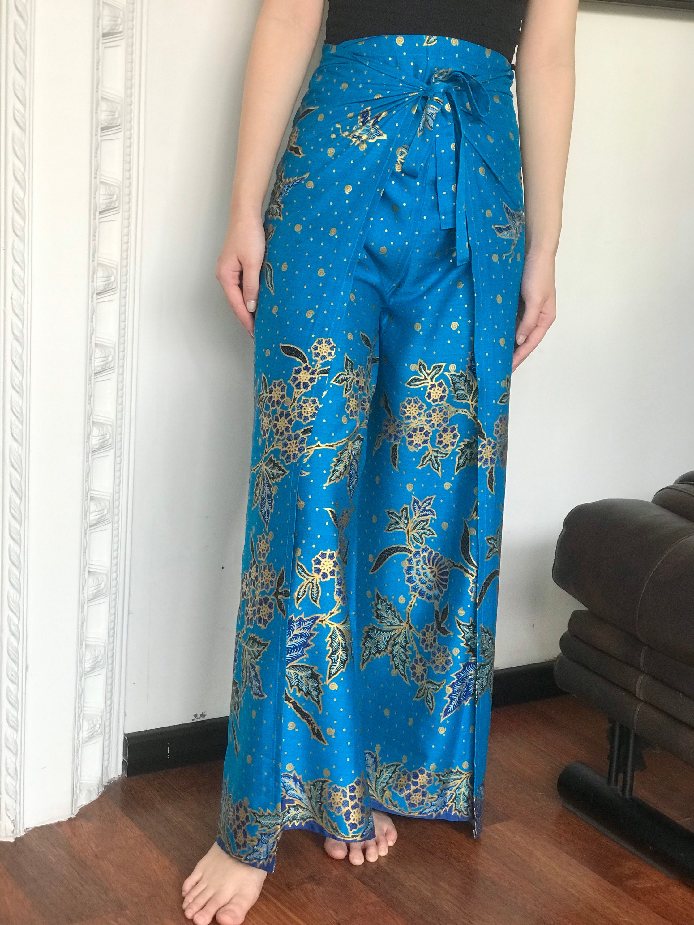 Ocean Blue Batik Wrap Pants, Bali Ethnic Beach Pants, Handmade Batik Pants, Bali Summer Pants ...