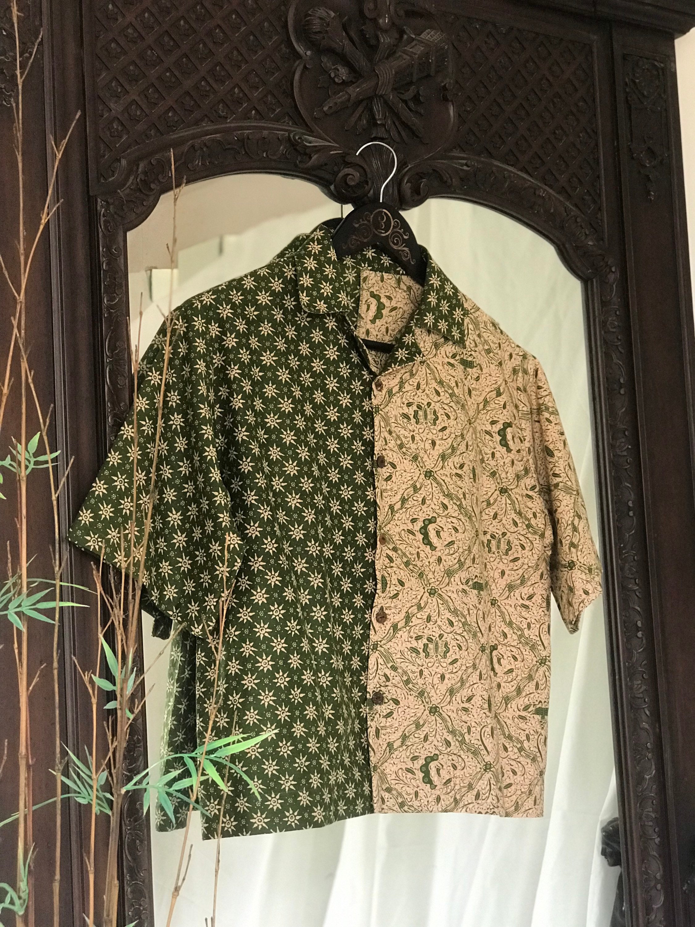 Two Tone Batik Cotton Shirt Green-brown, Javanese Batik, Indonesian ...