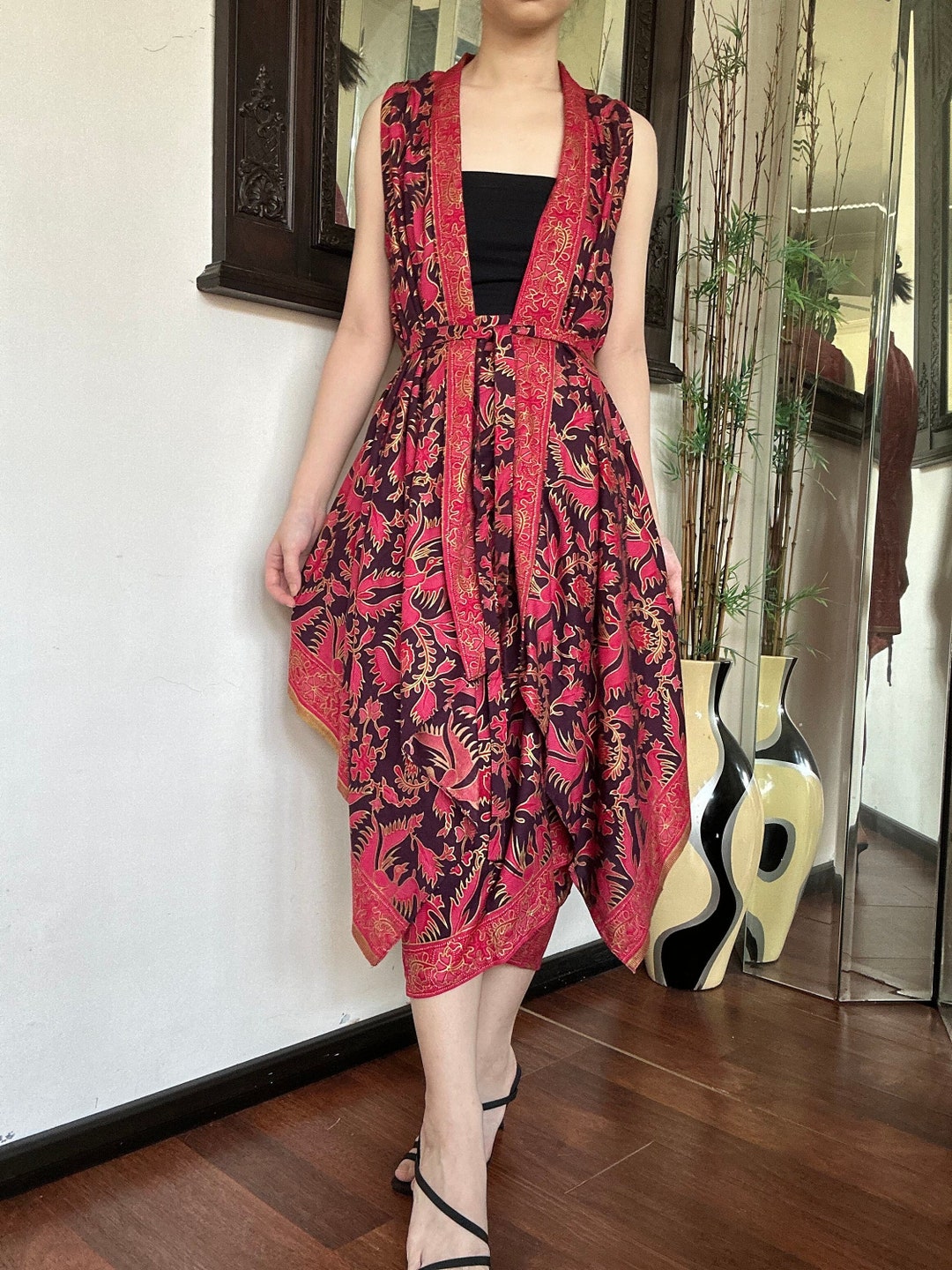 Red Black Batik Cardigan: Bali Cotton Sleeveless Vest - Etsy