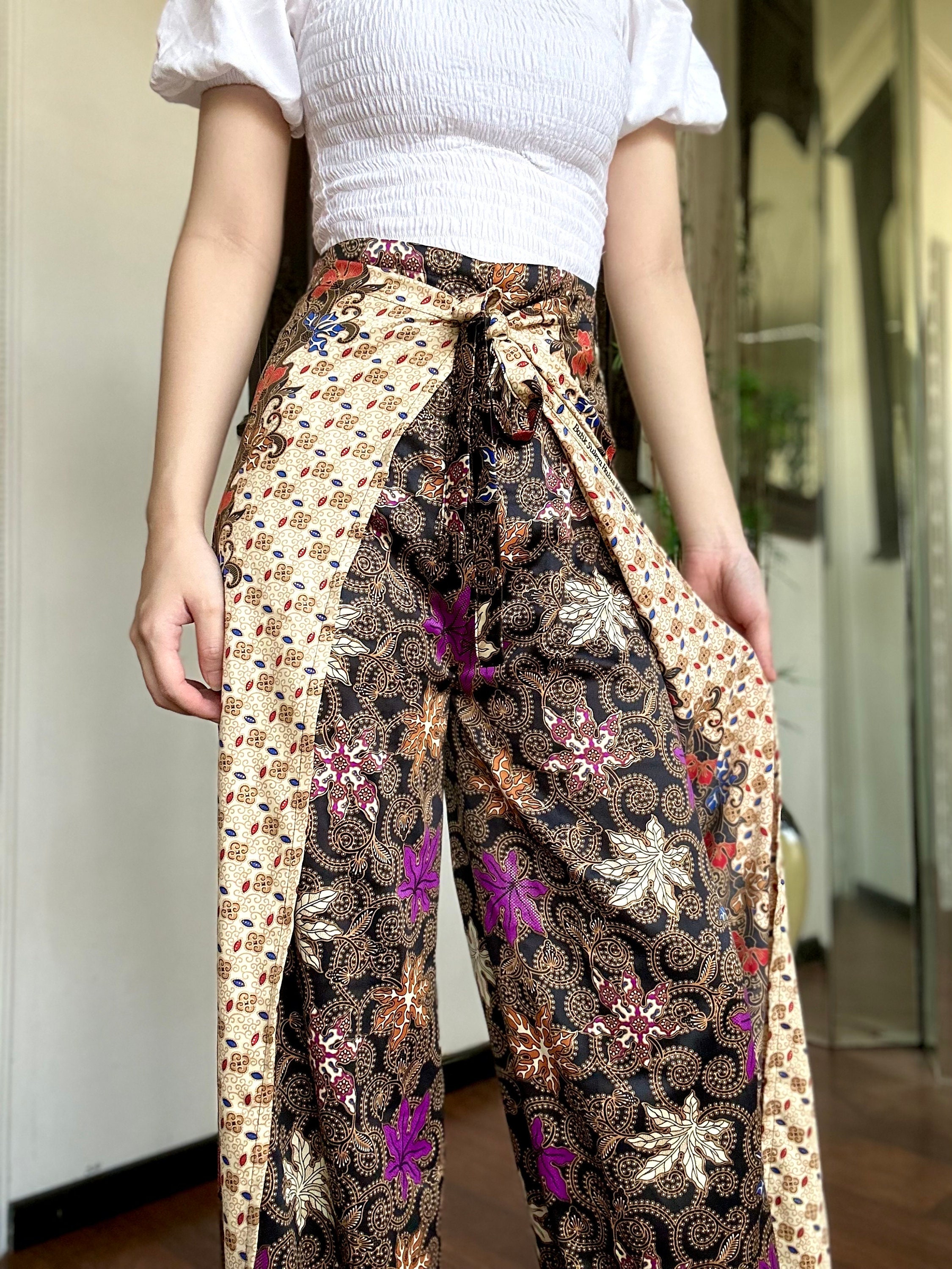 Black Premium Silk Batik Wrap Pants, Bali Beach Pants, Batik Palazzo ...