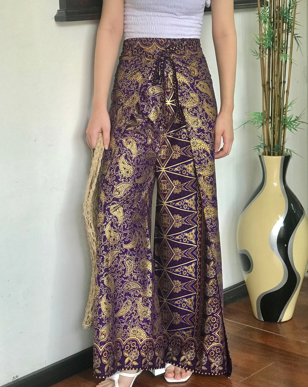 Purple Gold Cotton Batik Wrap Pants, Bali Beach Pants, Handmade Batik Trousers, Festival Pants ...