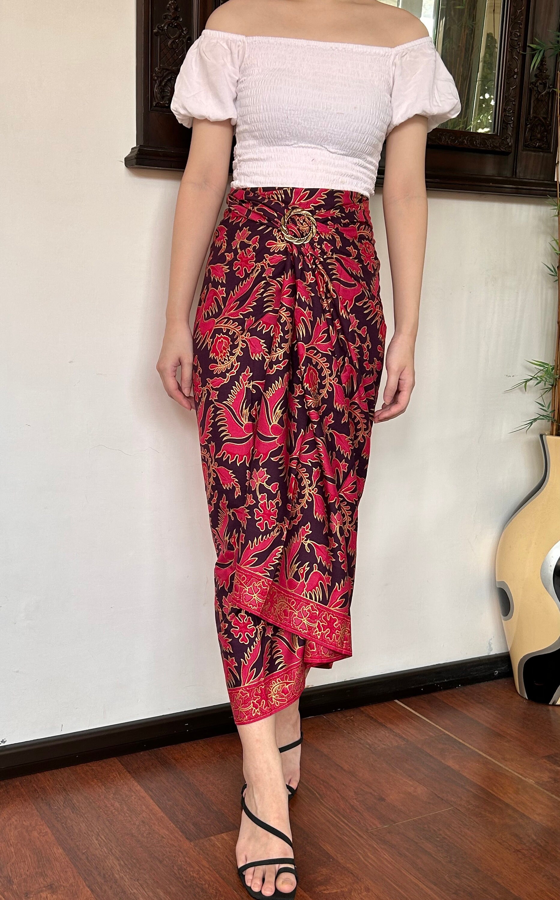 Red Black Ethnic Batik Wrap Skirt Bird Motif, Bali Beach Skirt, Sarong ...