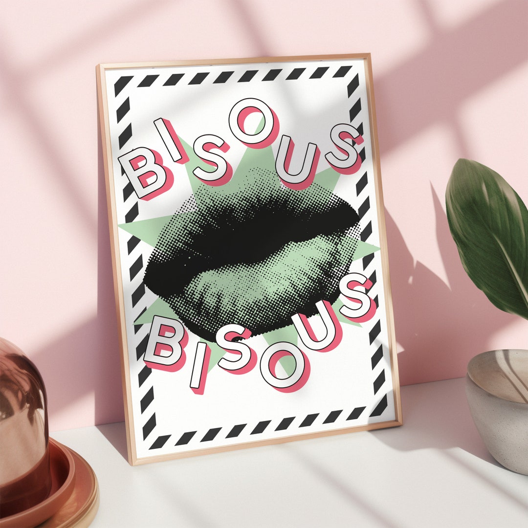 Bisous Bisous Kiss Art Print Bright Wall Art Above Bed Decor Bedroom Wall Art French Kisses ...