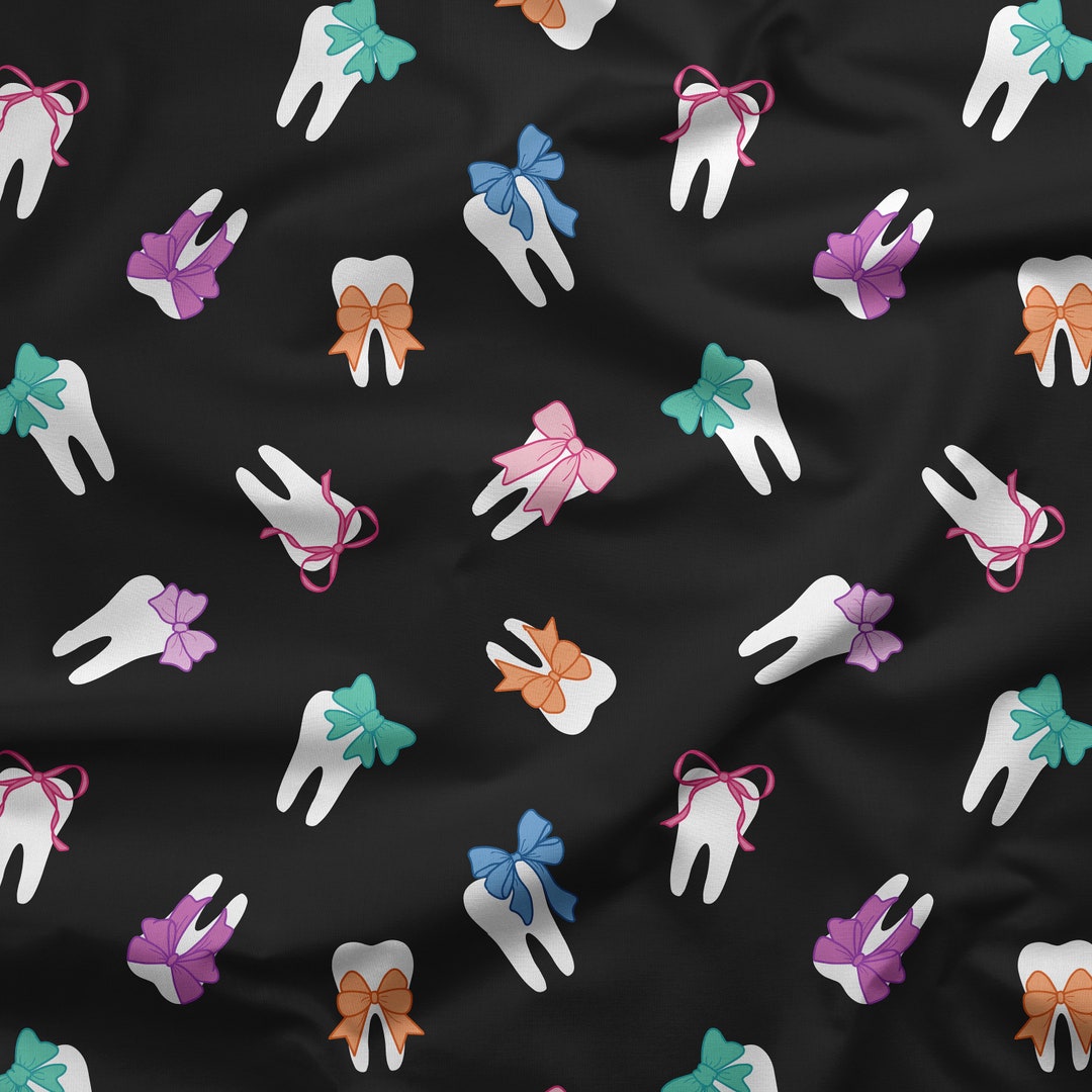 PRETTY TOOTH Fabric BLACK Teeth and Bows, Black Dental Fabric, Custom ...