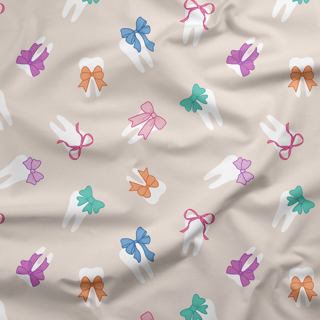 PRETTY TOOTH Fabric Beige Teeth and Bows, Dental Fabric, Custom Printed ...