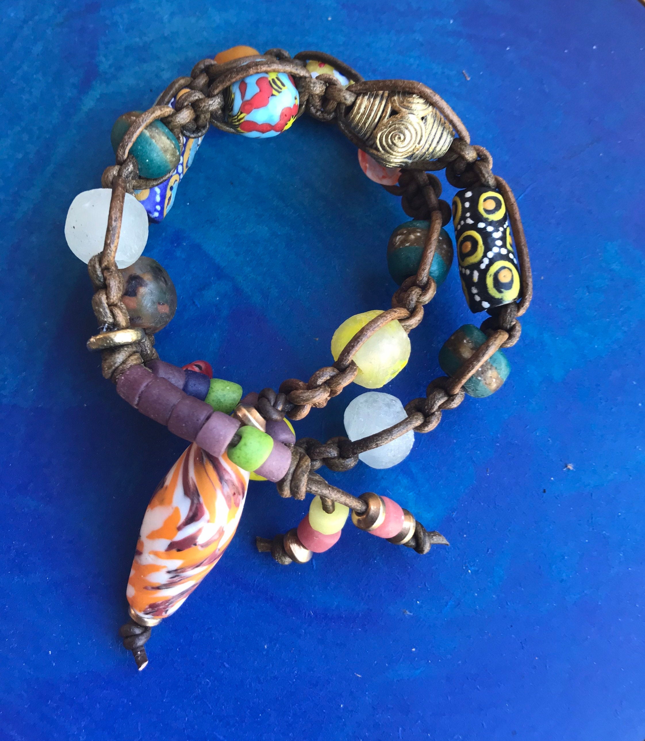 Tribal Beaded and Leather Macramé Bracelet - Etsy
