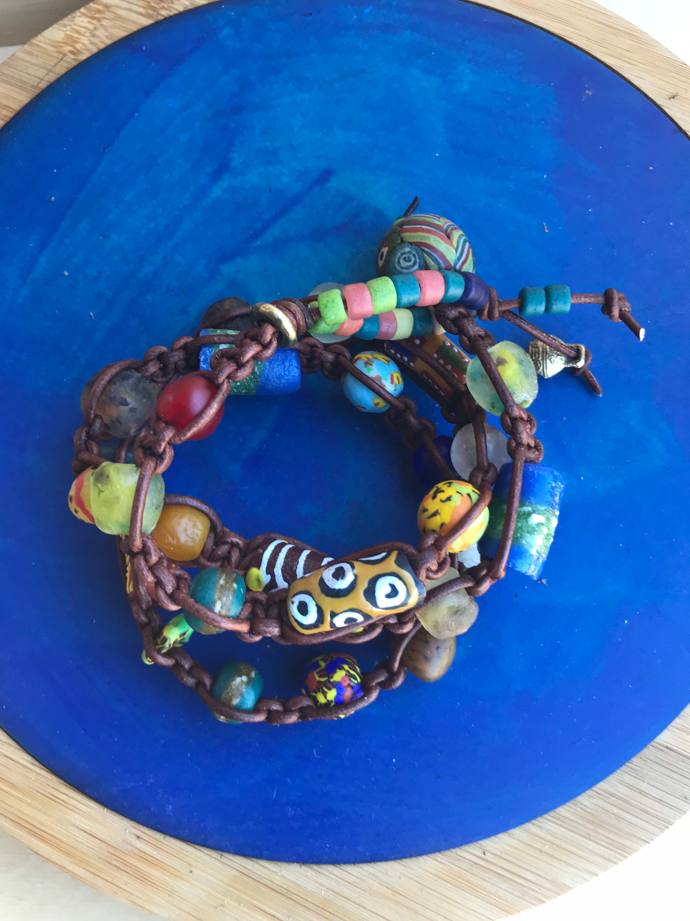 Tribal Beaded and Leather Macramé Bracelet - Etsy