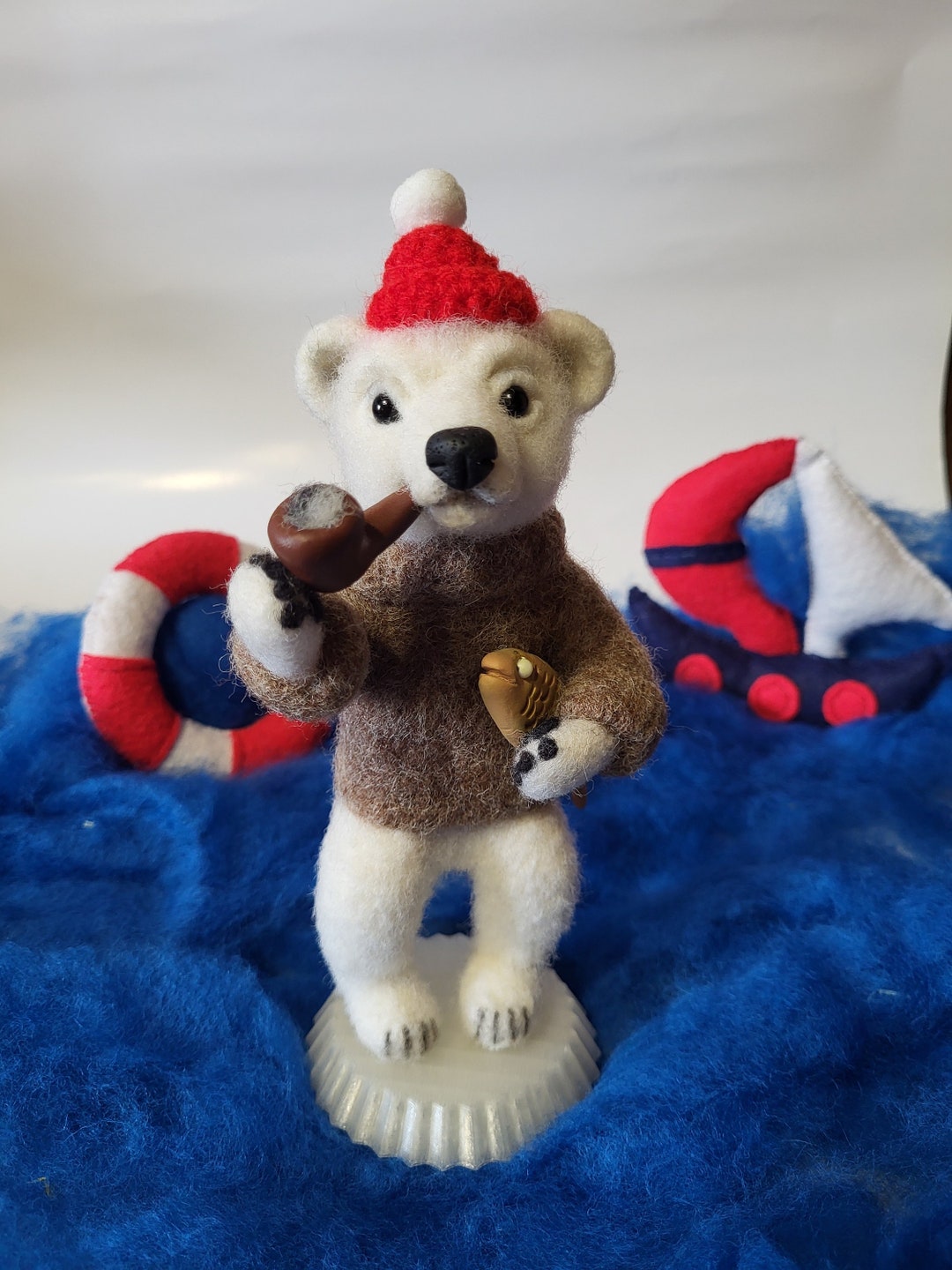 Sailor Teddy Bear White Navy With Fish and Tobacco Pipe. Needle Felted ...