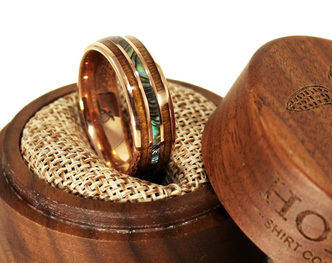 Koa Wood Tungsten Ring, Abalone Shell & Rose Gold Ring, Mens Wedding ...