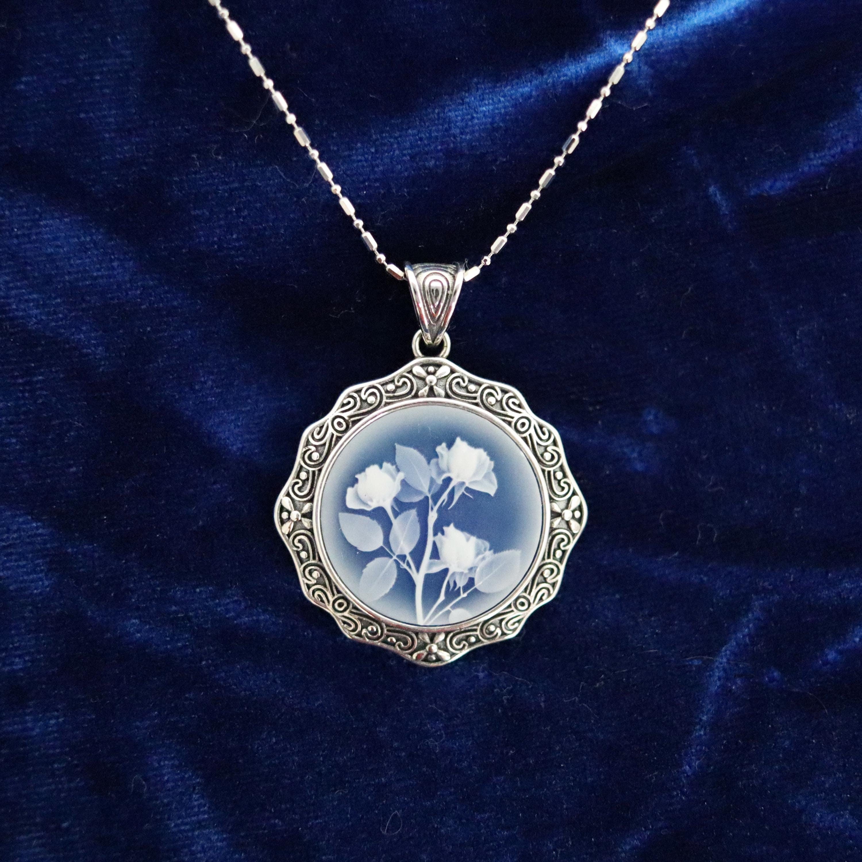 Blue Agate Rose Cameo Necklace, 18