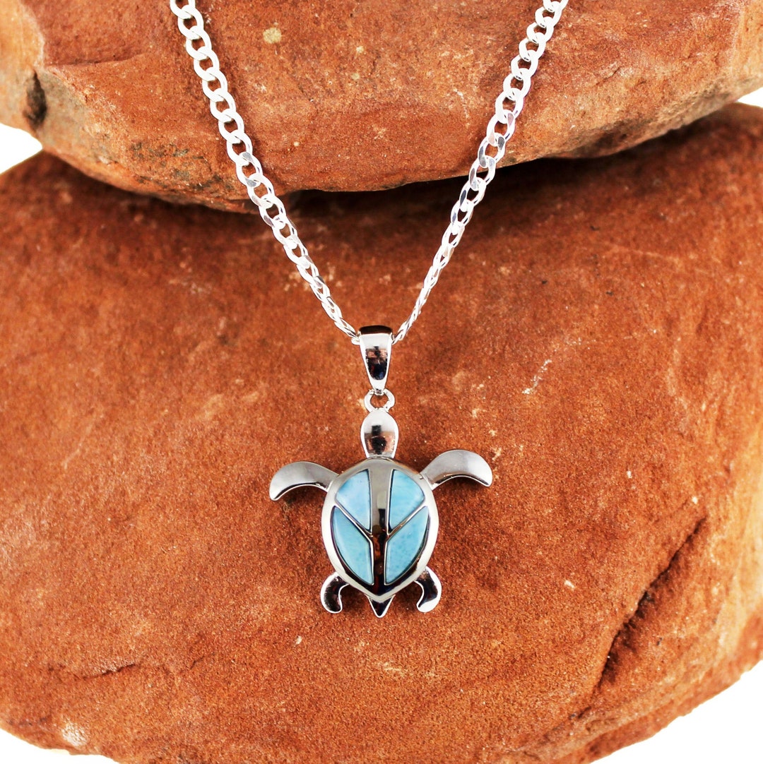 Large Natural Larimar Sea Turtle Pendant on an Italian Sterling Silver ...