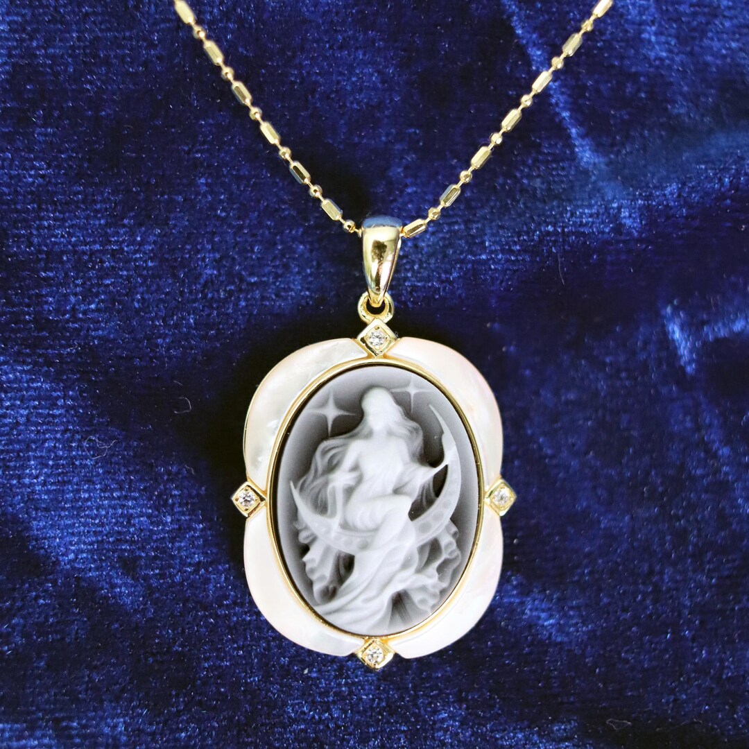 Black Agate Celestial Moon Goddess Cameo Necklace, Mother of Pearl, 18k ...