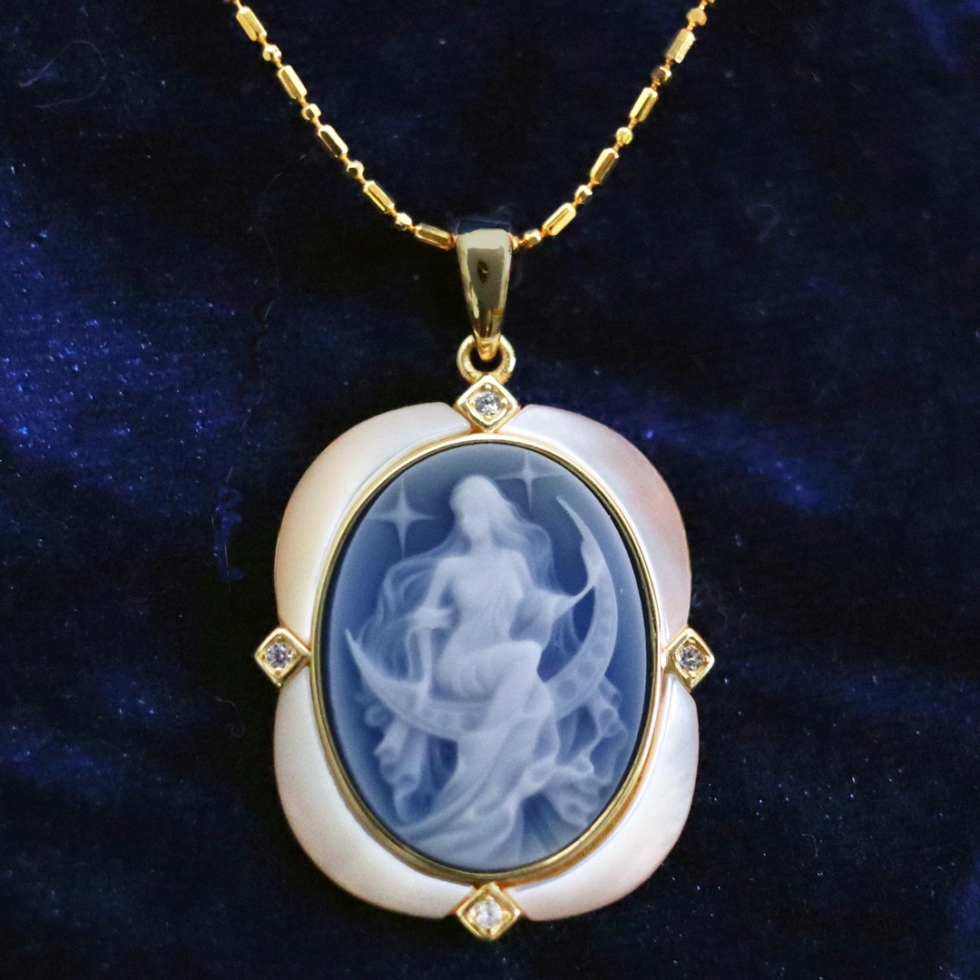 Blue Agate Moon Goddess Cameo, Mother of Pearl & CZ Crystals, 18 ...