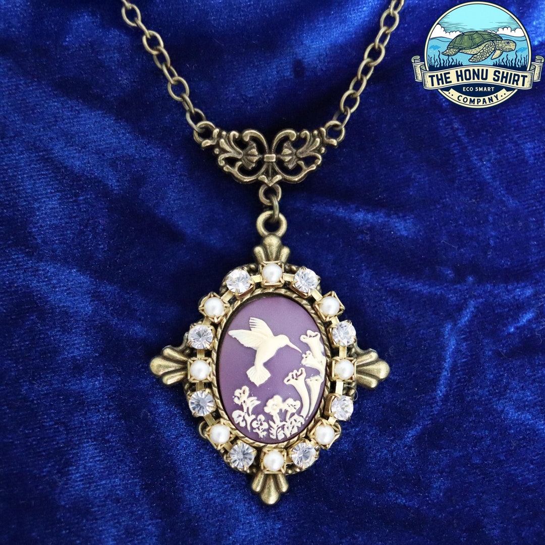 Purple & Ivory Hummingbird Swarovski Pearl Cameo Necklace, Vintage ...